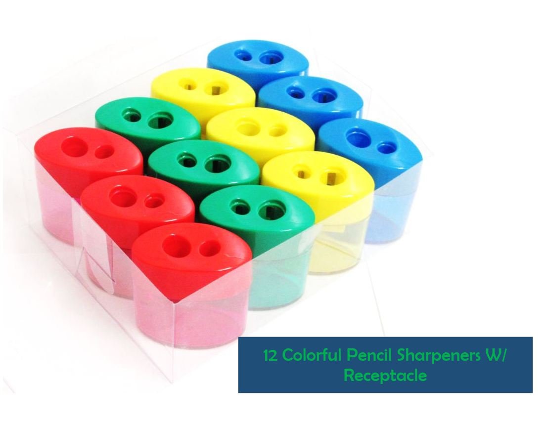 Mega Stationers Mega Pack of 12 Double Hole Oval Shaped Pencil Sharpener with Cover and Receptacle - Comes in 4 Colors