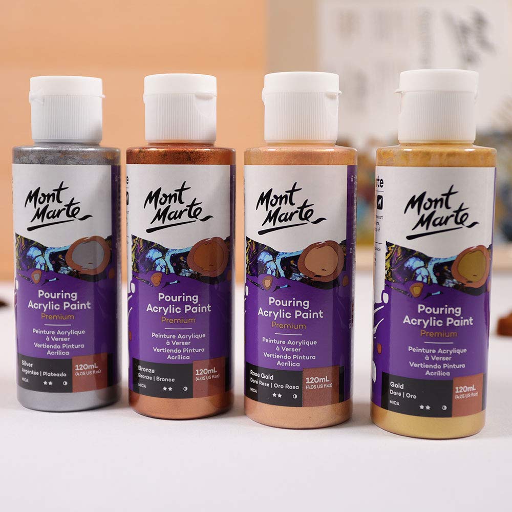 Mont Marte Premium Acrylic Pouring Paint Set, Metallic, 4 x 4oz (120ml) Bottles, Pre-mixed Acrylic Paint, Suitable for a Variety of Surfaces Including Stretched Canvas, Wood, MDF and Air Drying Clay.