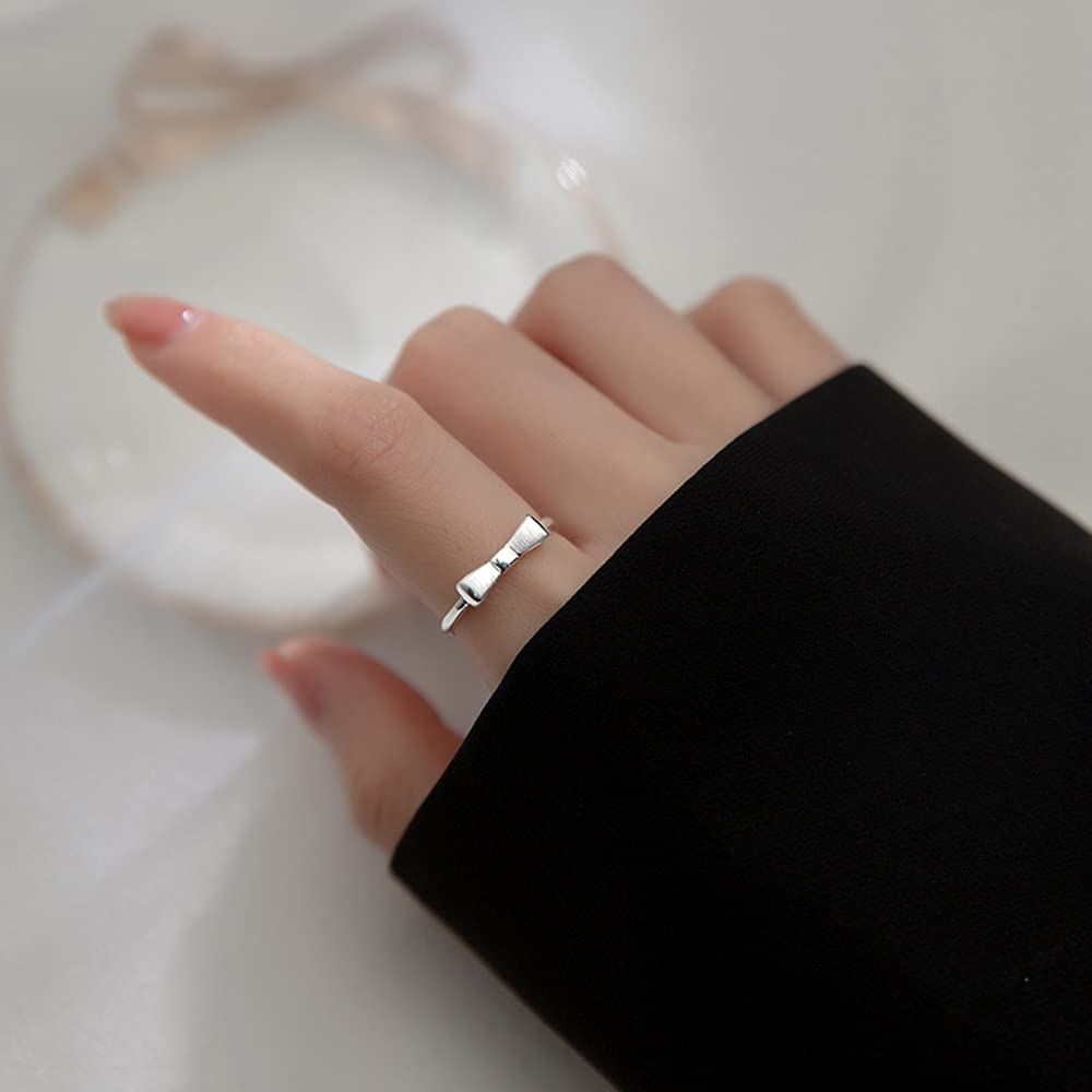 Minimalist Bow Knot Open Statement Rings 925 Sterling Silver for Women Adjustable Simple Promise Eternity Engagement Ring Tail Finger Band Toe Ring Cute Jewelry