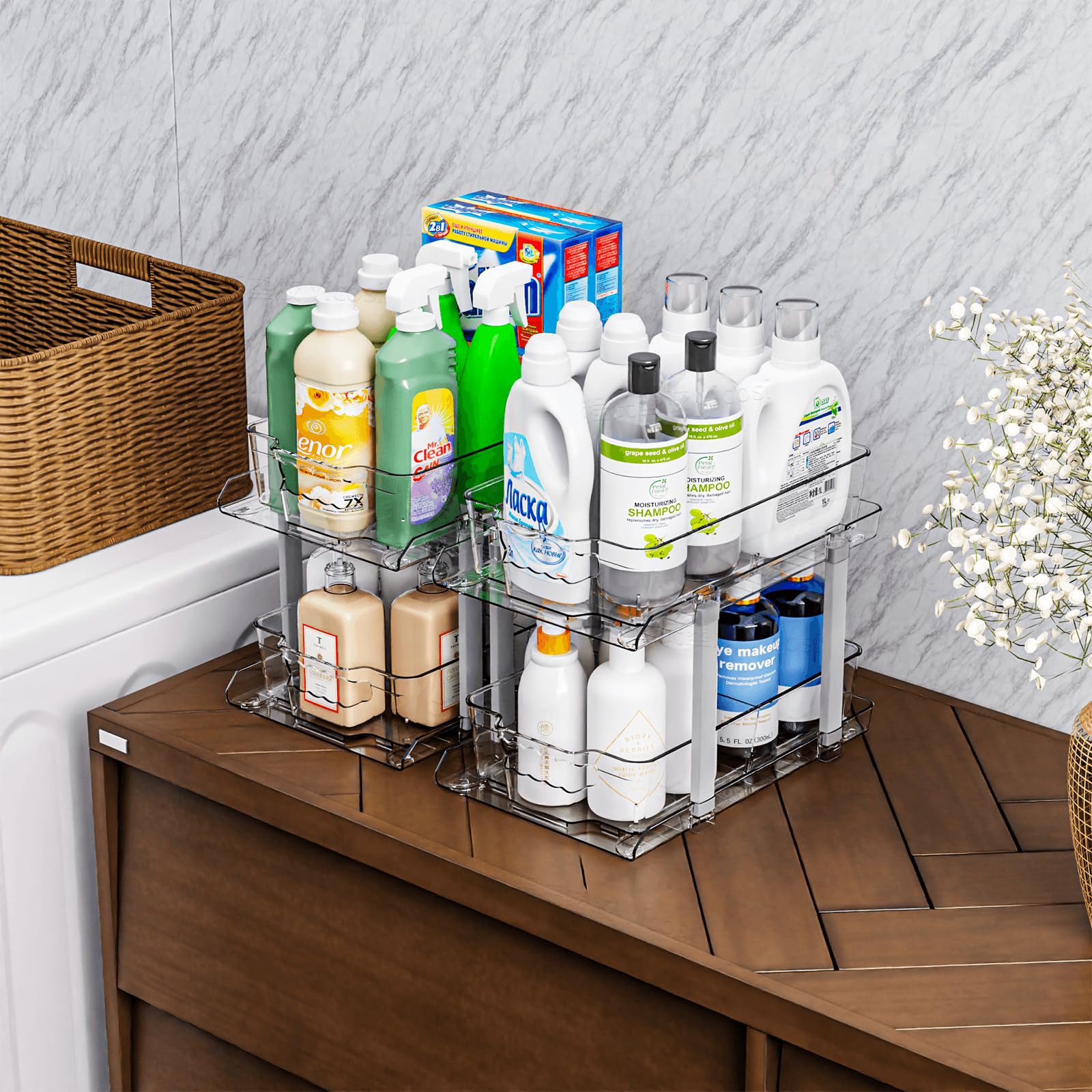 Yieach 2 Sets 9.7" Tall Under Sink Organizers And Storage,Multi-Purpose 2 Tier Under Bathroom Sink Organizer and Under Cabinet Storage,Clear Pull Out Medicine Cabinet Organizer With 8 Movable Dividers