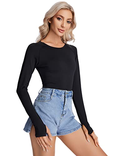Milumia Women's Long Sleeve Sports Tee Workout Running Yoga Thumbhole Shirts Tops Black Small