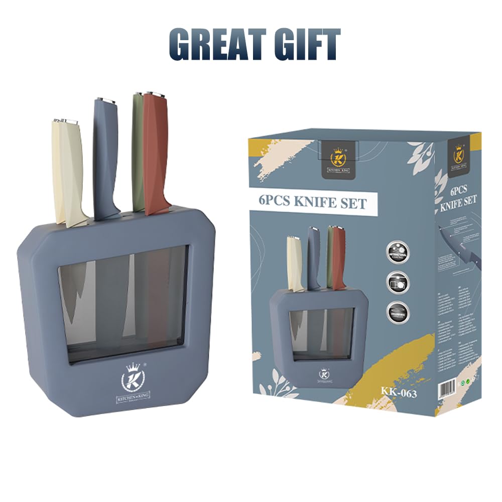 Knife Set, 6 Pcs Color-Coded Kitchen Knife Set, 5 Color Anti-Rust Coating Stainless Steel Kitchen Knife Set with Block, Super Sharp Kitchen Knives with Acrylic Stand, Professional Chef Knife Set