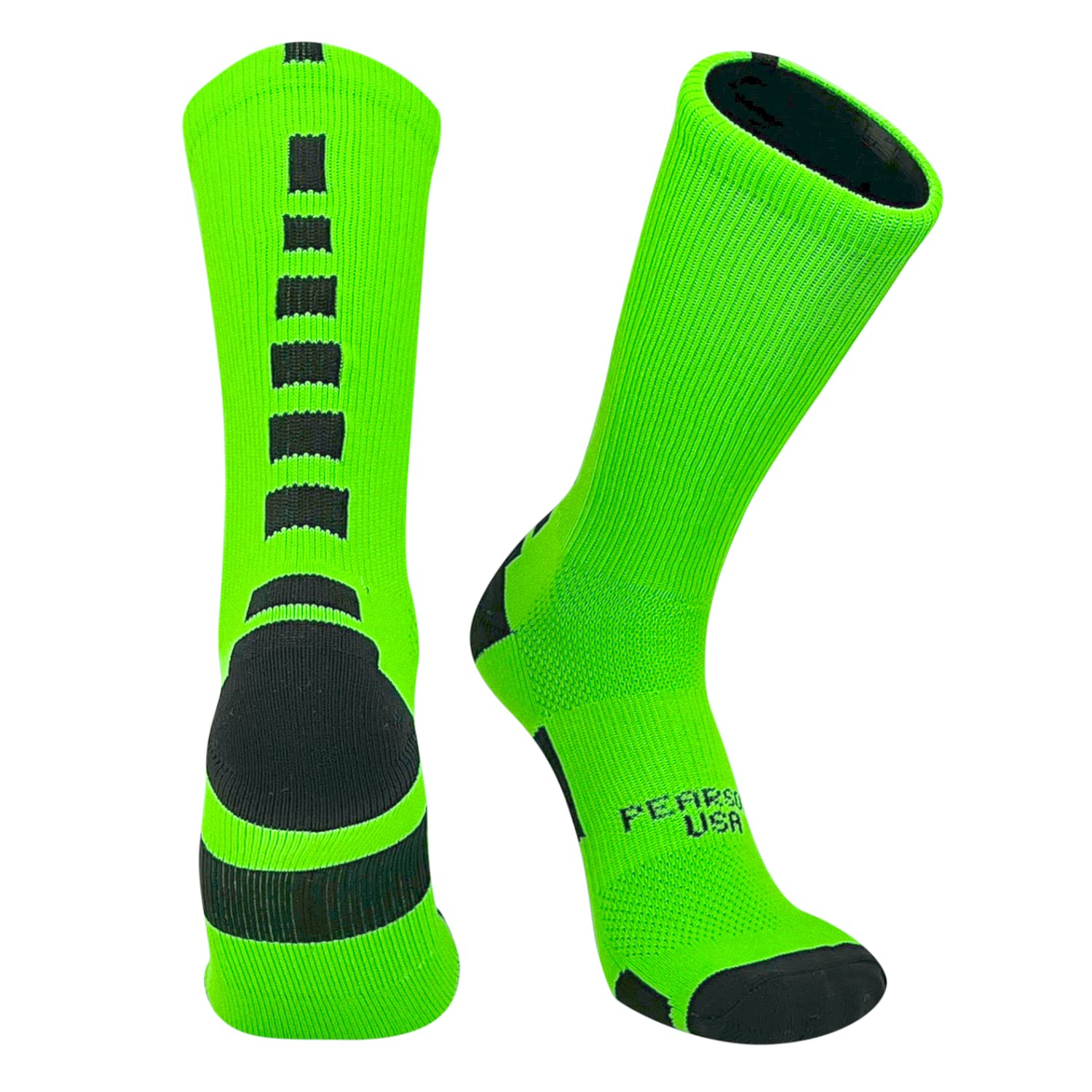 PEAR SOX Pearsox Bolt Basketball Football Volleyball Crew Socks - Neon Green, Black (L)