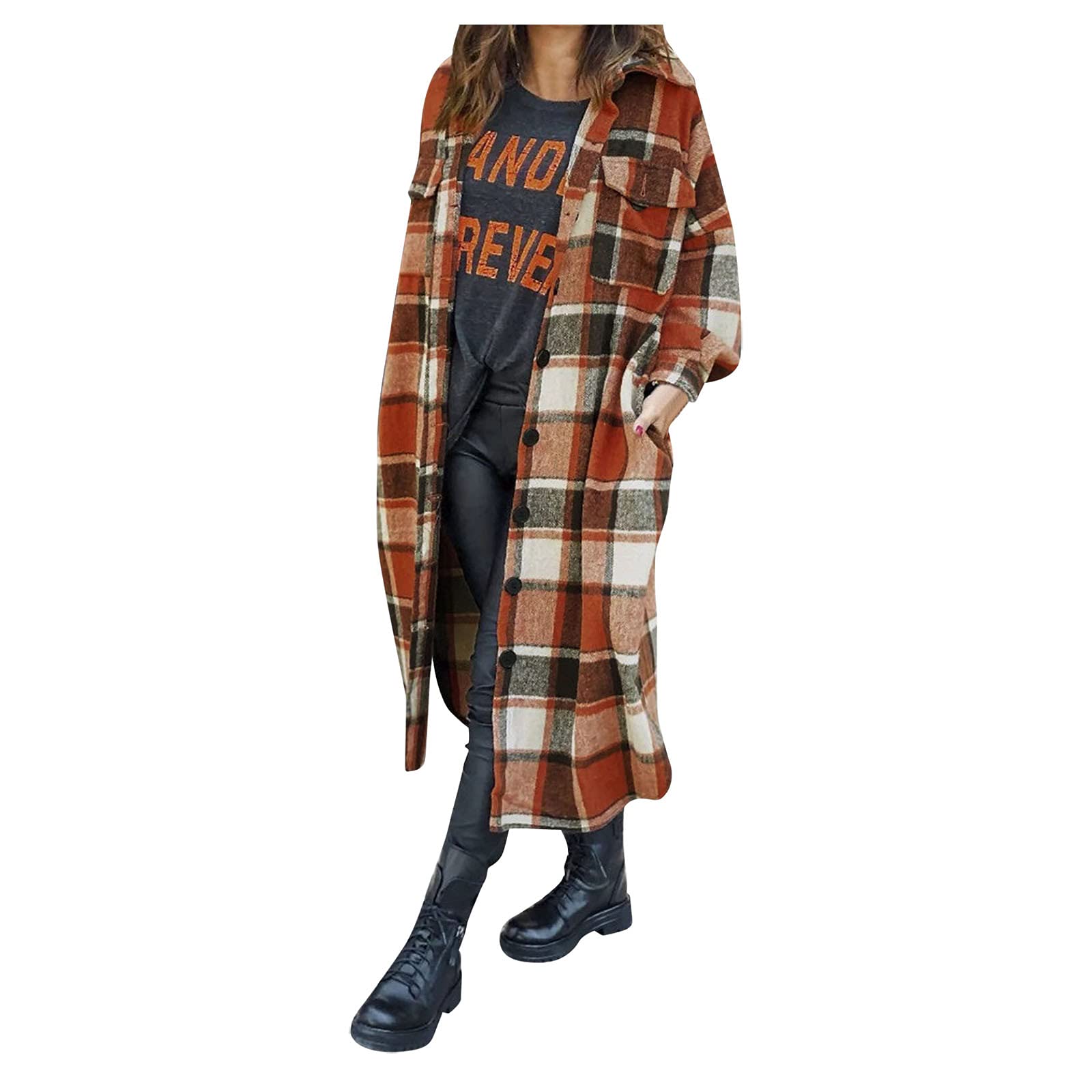 MOKINGTOP Women Flannel Shacket Plaid Print Long Sleeve Lapel Long Jackets Cardigan CoatFlannel Shirts For Women