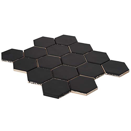 Maine Black 3" Hexagon Matte Ceramic Mosaic Backsplash, Kitchen, Bathroom Floor and Wall Tile (0.96 Sq. Ft. / Sheet)