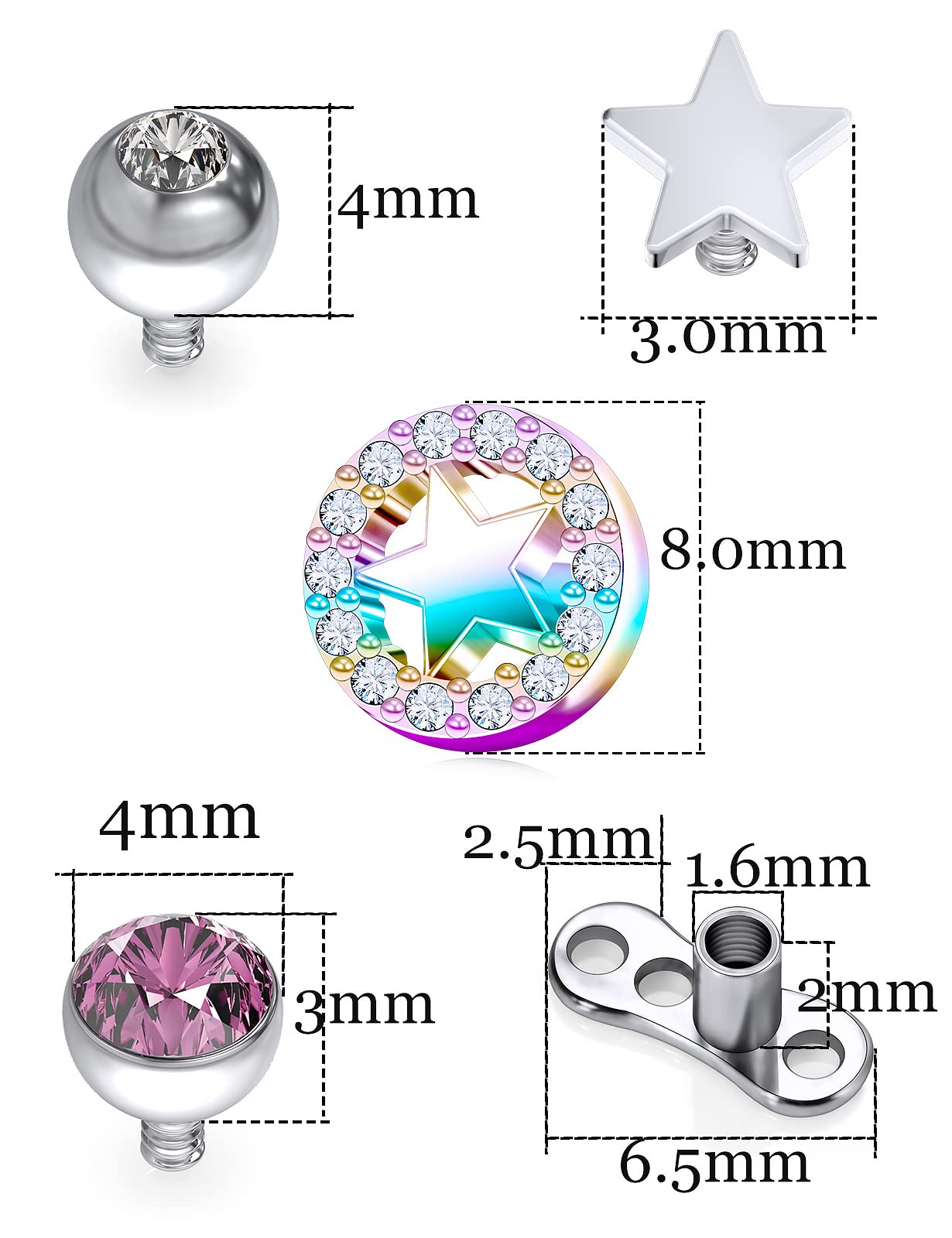 Msndnkwo 14G Dermal Piercing Jewelry Internally Threaded Dermal Anchor Tops and Base Titanium Microdermals Piercing for Women Men, CSY-0088