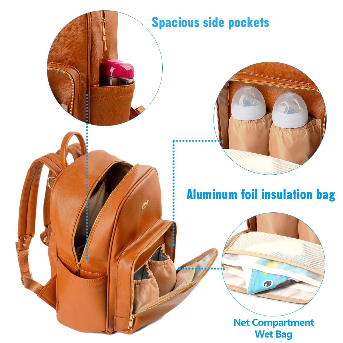 KZNI Pu Leather Diaper Bag Backpack-Nappy Bag Baby Bags for Mom,Unisex Maternity Diaper Bag with Stroller Hanger|Thermal Pockets|Adjustable Shoulder Straps|Water Proof|LargeCapacity|Brown