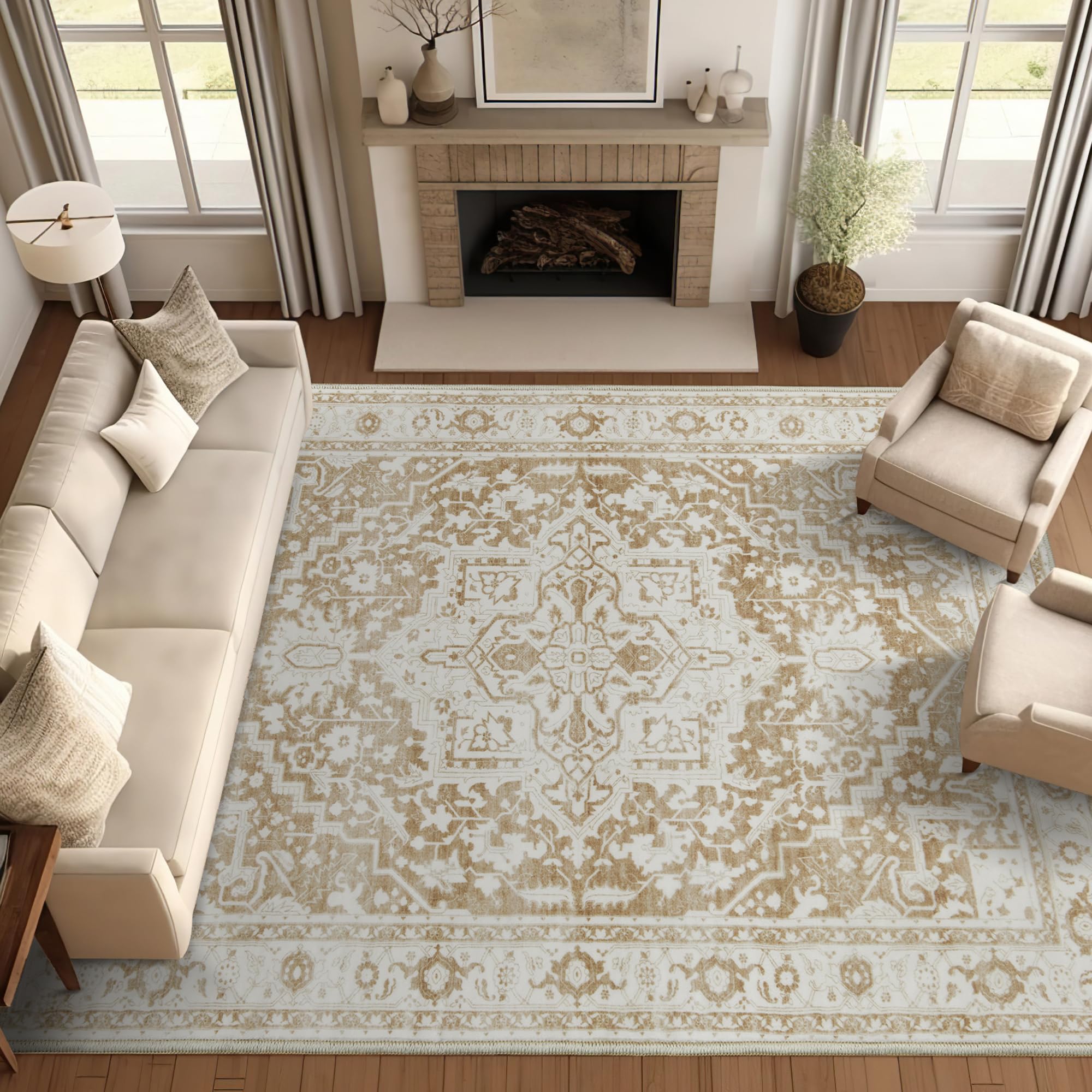 jinchan Washable Area Rug 8x10 Low Pile Living Room Rug Stain Resistant Vintage Rug Boho Large Rug Ultra-Thin Faux Wool Non Slip Retro Floral Print Indoor Carpet for Bedroom Kitchen Farmhouse Taupe
