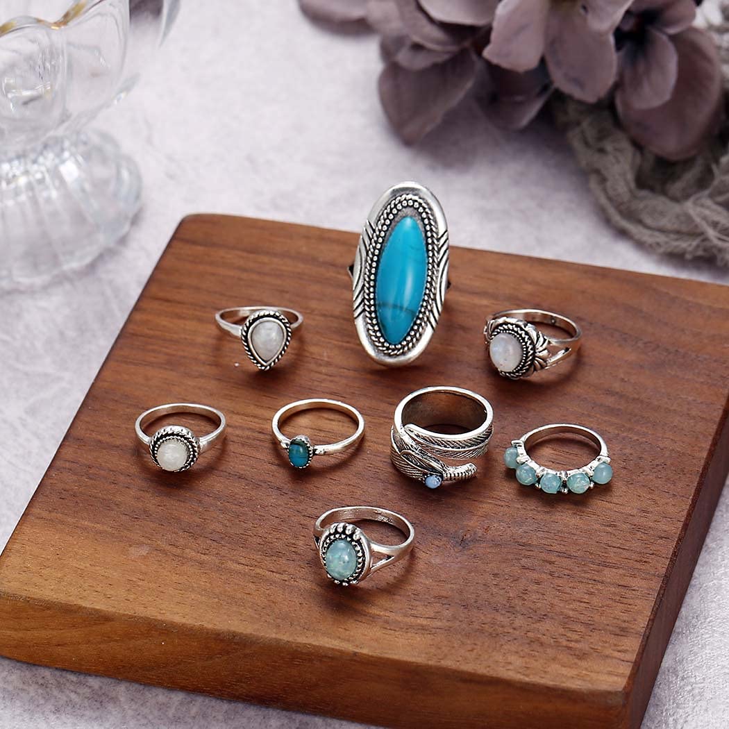 NEEBAOLY 45Pcs Boho Knuckle Rings Set Turquoise Gemstone Vintage Stackable Finger Rings Midi Ring for Women Hollow Carved Flowers Gold&Silver Ring Crystal Joint Rings (Ocean)
