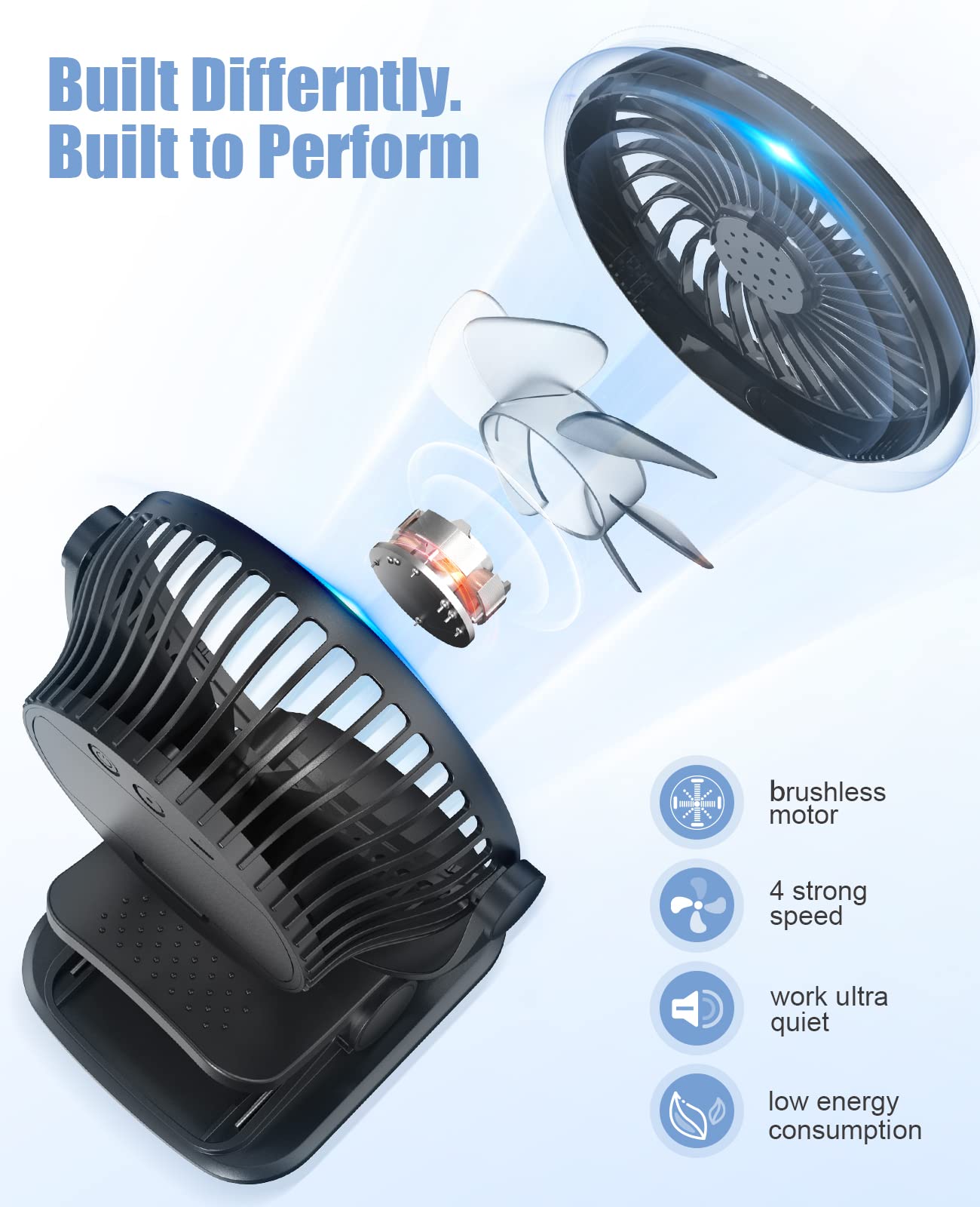 LEMOISTAR AA Battery Operated Clip on Fan, Stroller Fans, USB Powered Portable Desk Fan 4 Speeds Personal Golf Cart, Small Table Fan, Wireless, for Camping Hurricane Office Bed-Black