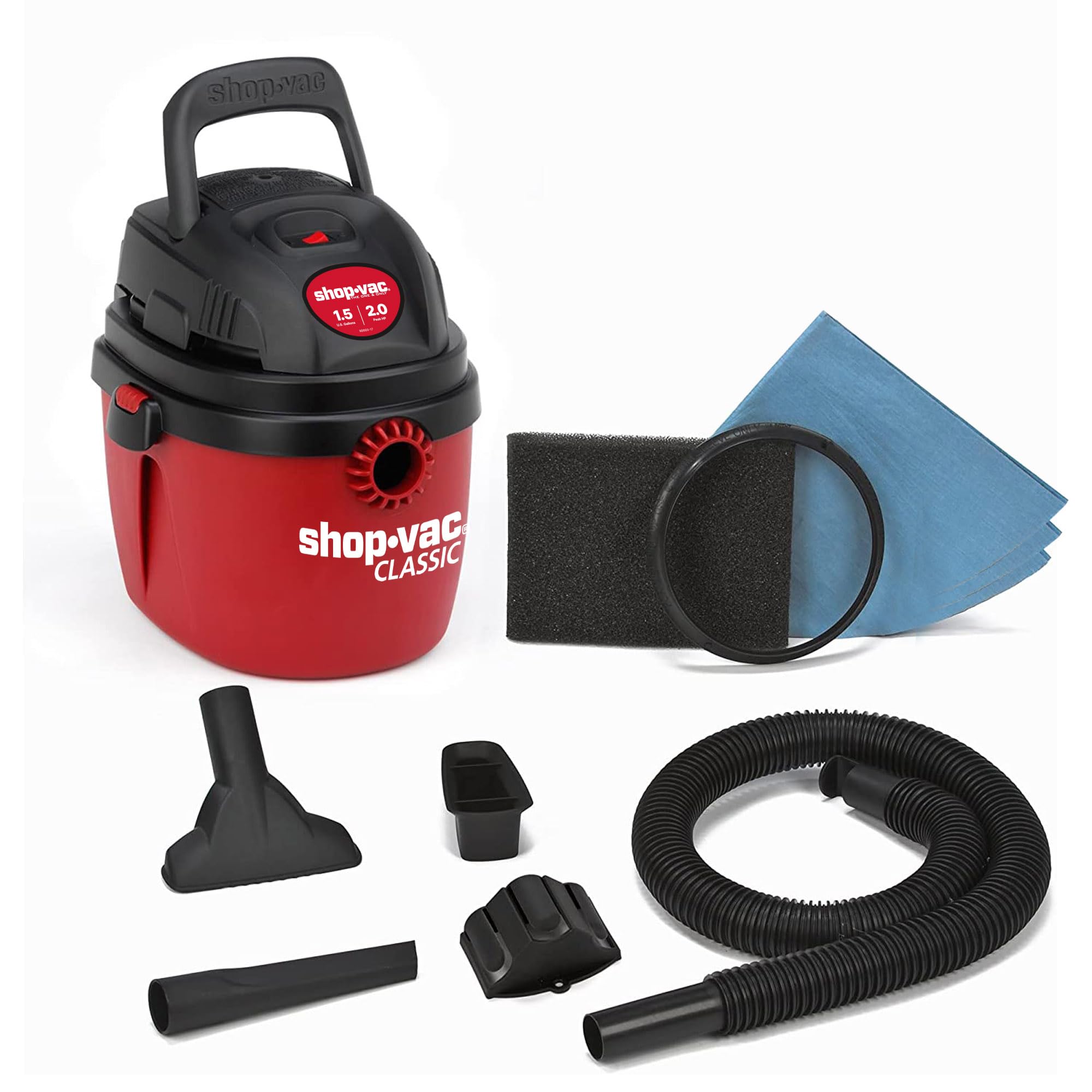 Shop-Vac 1.5 Gallon 2.0 Peak Wet Dry Vacuum, Portable Compact Shop Vacuum with Collapsible Handle Wall Bracket & Attachments, 2030100