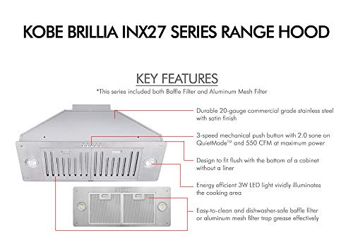 KOBE INX2730SQB-700-2 Brillia 30-inch Built-in/ Insert Range Hood, 3-Speed, 550 CFM, LED Lights, Baffle Filters, Stainless Steel