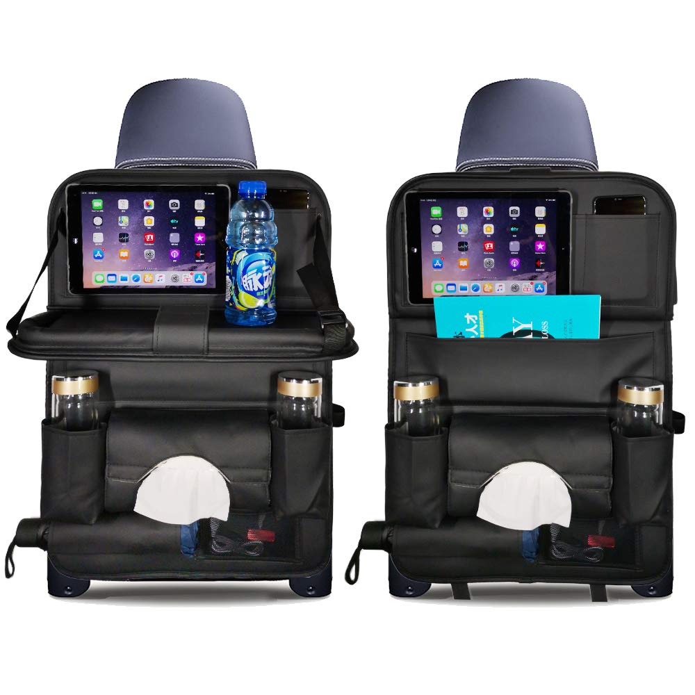 Moikin Car Seat Back Backseat Organizer with Foldable Table Tray, PU Leather Kick Mats Seat Back Protectors with Foldable Dining Table Holder Space Saving Pocket Storage for Baby and Kids (Black)