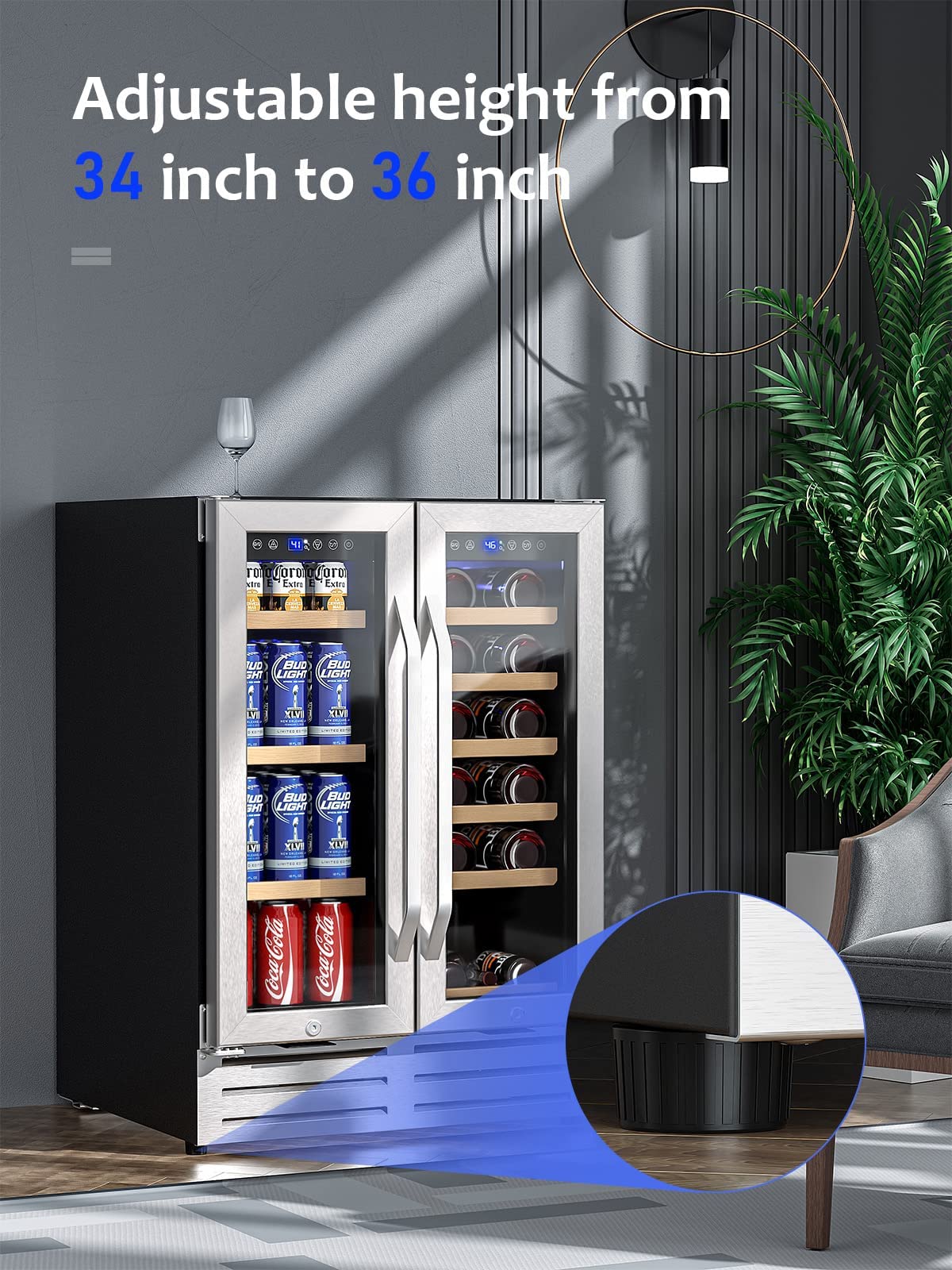 MUDEELA Wine and Beverage Refrigerator,24 Inch Dual Zone Wine Cooler With Memory Temperature Control Built-In or Freestanding 2 Safety Locks Soft LED Light Quiet Operation Hold 18 Bottles and 57 Cans