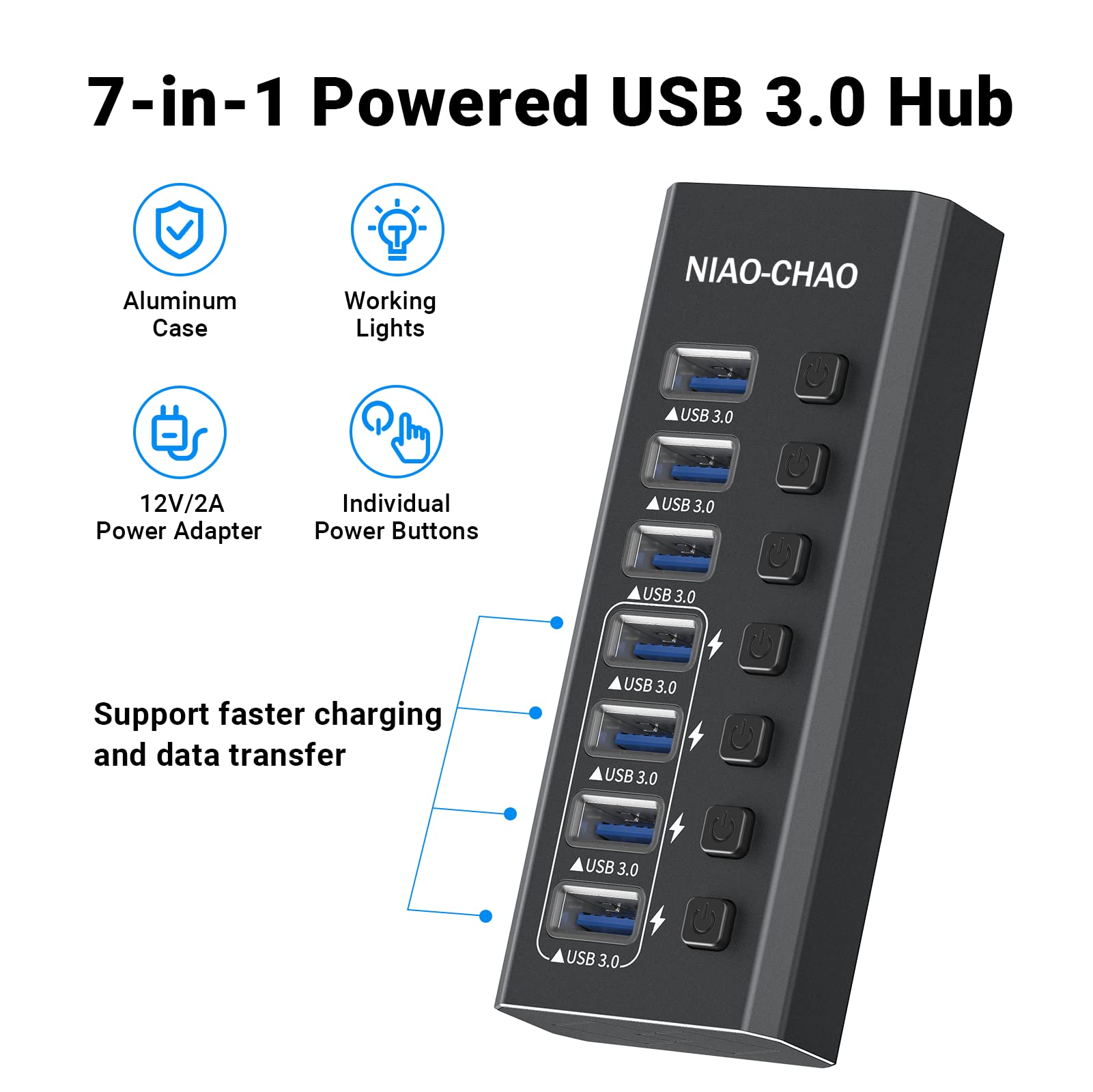 USB Hub 3.0 Powered, Leinsis 7-Port Powered USB C Hub with Individual Switches & 12V Power Adapter & 39'' Long Cable USB Expander Hub Splitter for MacBook Air Pro,Mac Mini,iMac All Laptops Desktops