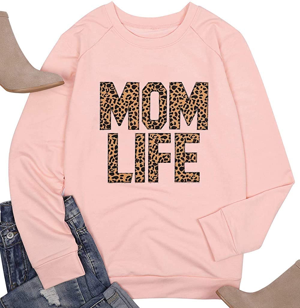 MOUSYA Mom Life Tops Women Mom Letter Printed Sweatshirt Leopard Graphic Casual Long Sleeve Crew Neck Pullover Tops (Small, A_pink)