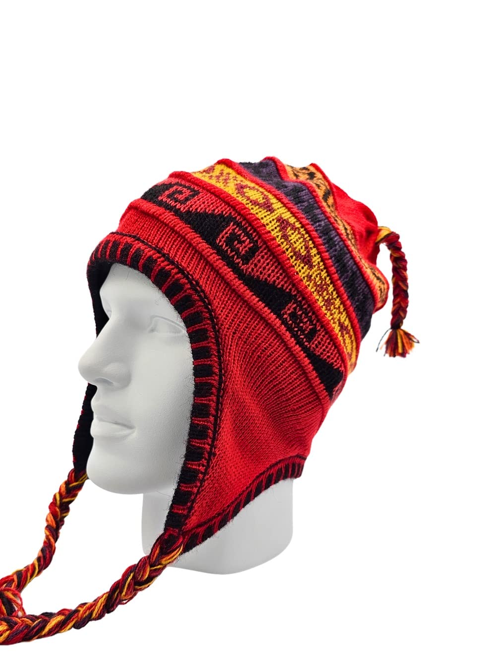 Peruvian Beanie Alpaca Hat, for Women and Men, Soft and Warm hat, Peruvian hat Made in Peru, Soft, Light and Resistant Alpaca (red line Yellow)