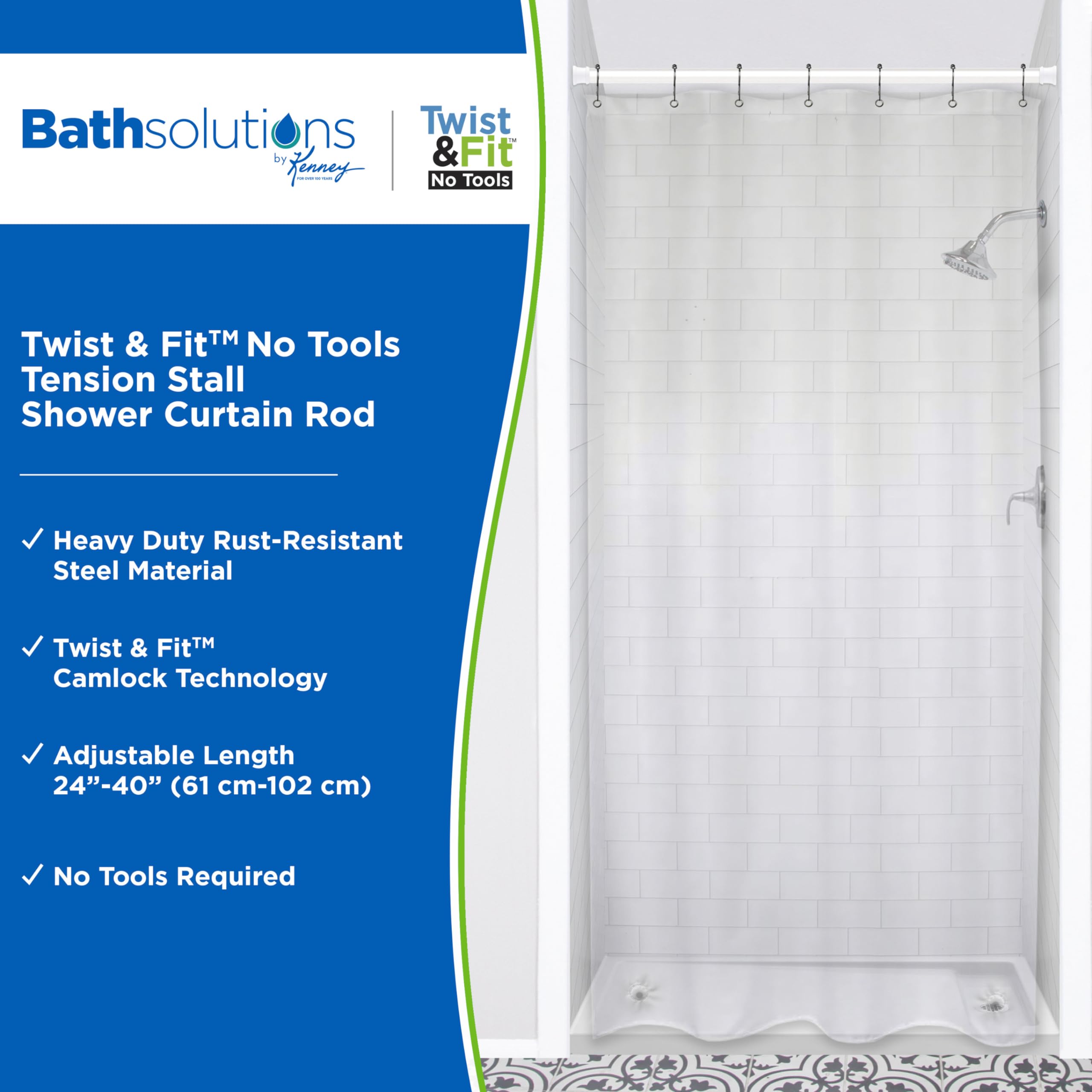Kenney KN607C/10 Twist & Fit No Tools Camlock Tension Easy Install Stall Shower Curtain Rod with Non-Slip, Non-Scratch Ends, 24-40" Adjustable Length, White, 1" Diameter Rust Resistant Steel Tube