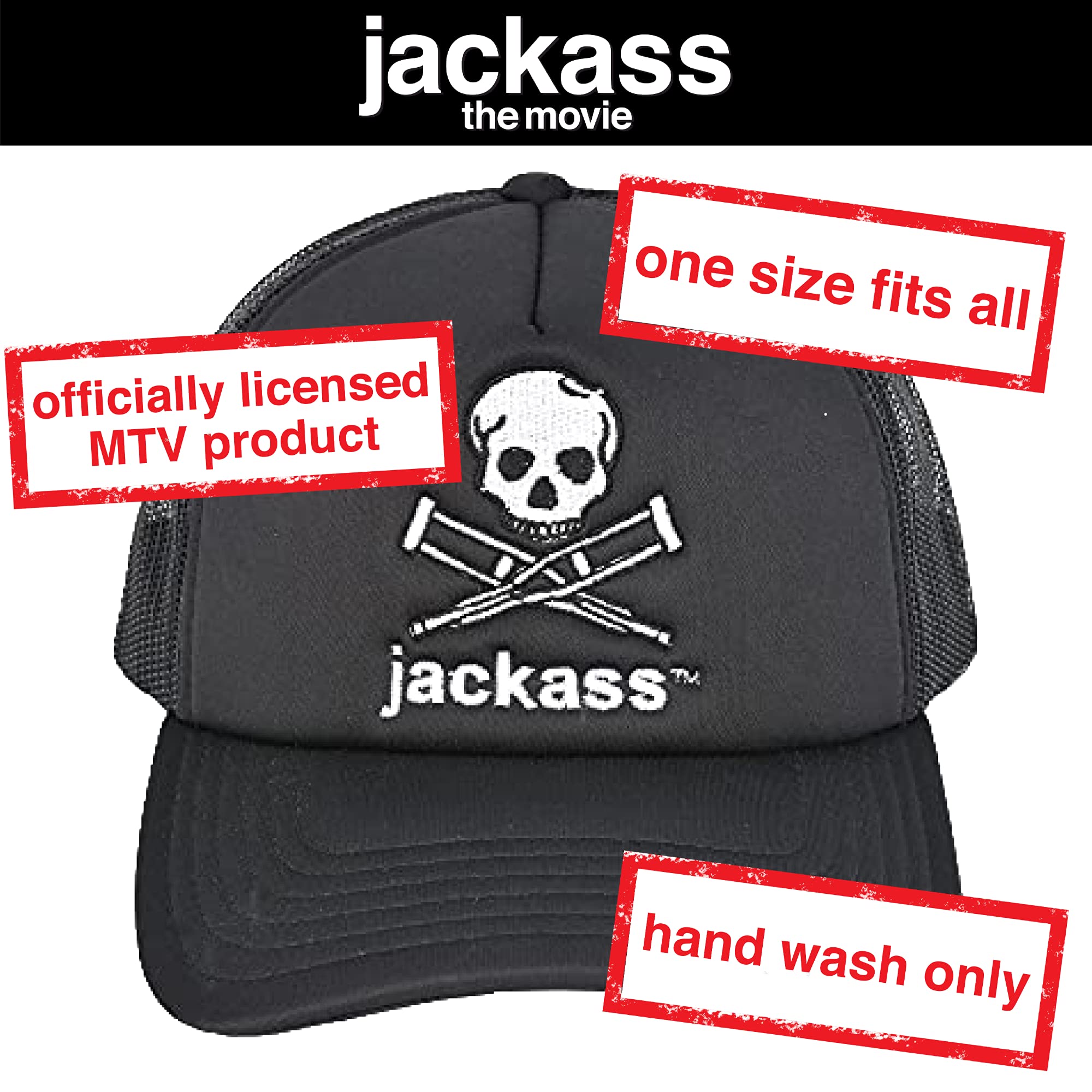 MTV Jackass Embroidered Skull and Crutches Logo Adjustable Cotton and Mesh Trucker Hat with Curved Brim, Black, One Size
