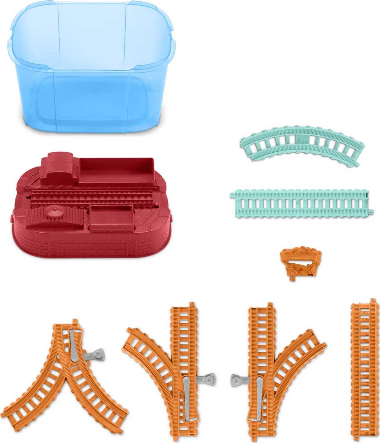 Thomas & Friends Thomas, Nia, Percy, & Kana Motorized 4-Pack Train Engine Set for Preschool Kids Ages 3 and up & Trackmaster Builder Bucket, Storage Container with 25 Train Track and Play Pieces