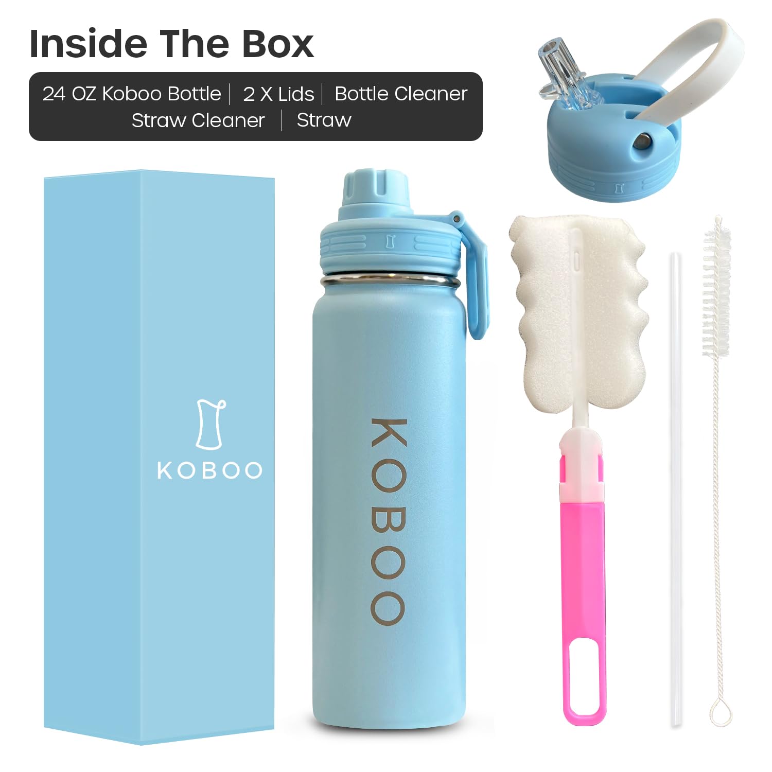 KOBOO Flask Blue 24 OZ / 720 ML Water Bottle. Food Grade 24/8 (304) Stainless Steel, and BPA Free, Vacuum Sealed Design. Comes with 2 lids with handle, straw, and cleaning kit. https://koboo.org/