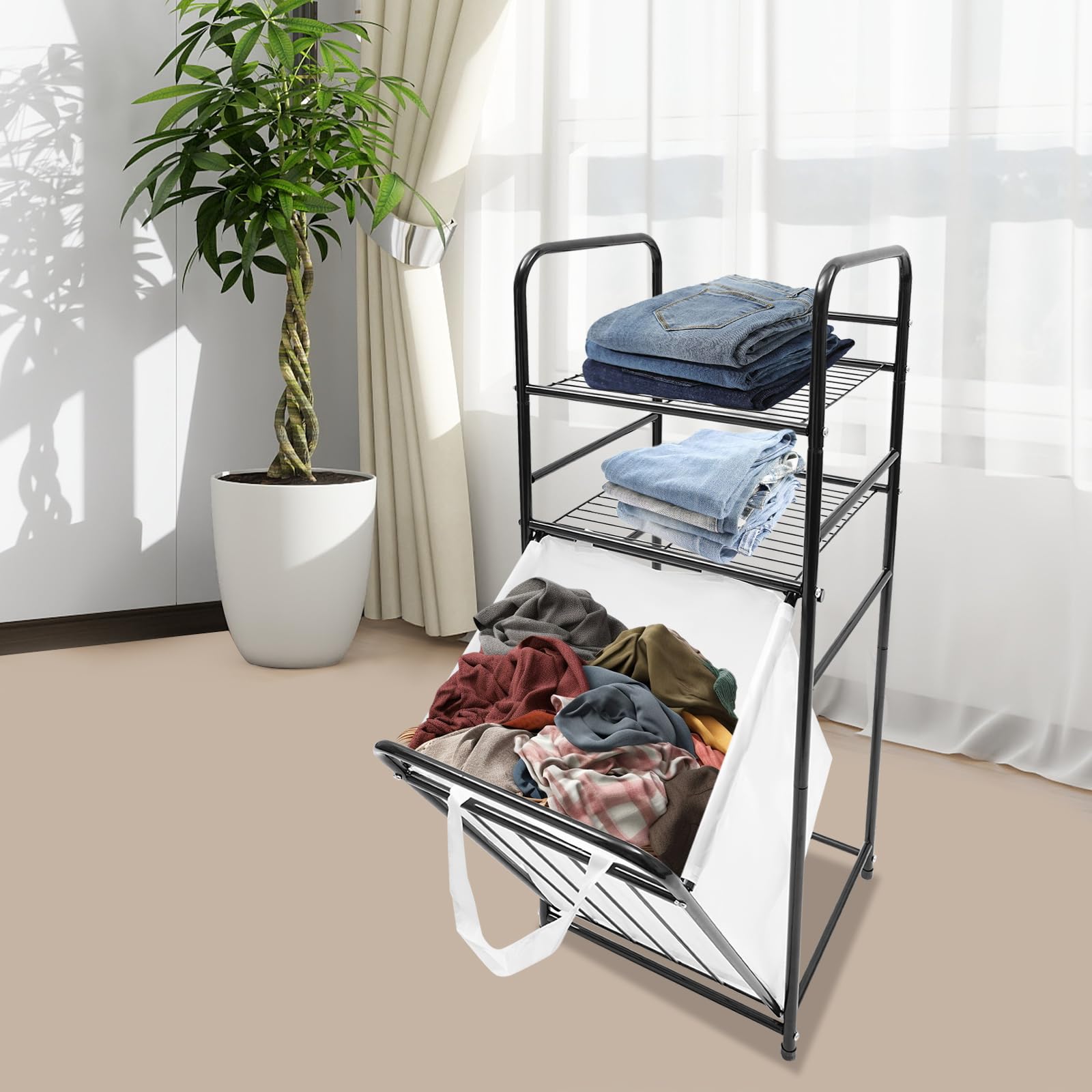 WUSILILU Tilt Out Laundry Hamper with 2 Tier Shelves, 2 Tier Storage Rack with Laundry Basket, Laundry Hamper Cabinet with Removable Liner Bag for Laundry Rooms, Bedrooms, Bathrooms, Apartments