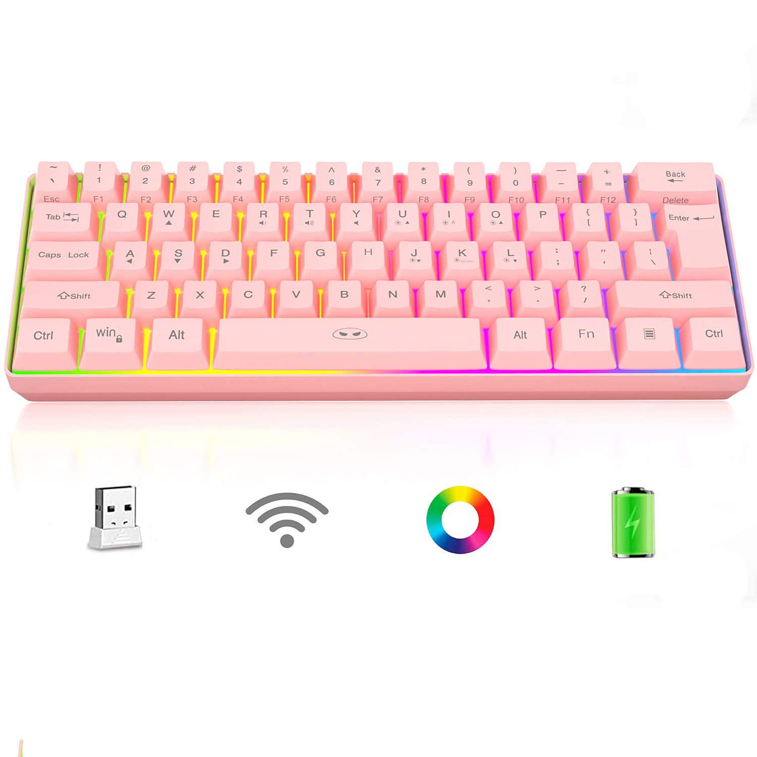 MageGee 60% Wireless Gaming Keyboard with 2.4G Connection, Ultra Compact 61 Keys RGB Backlit Quiet Office Keyboards for Windows Laptop PC, Waterproof, Pink