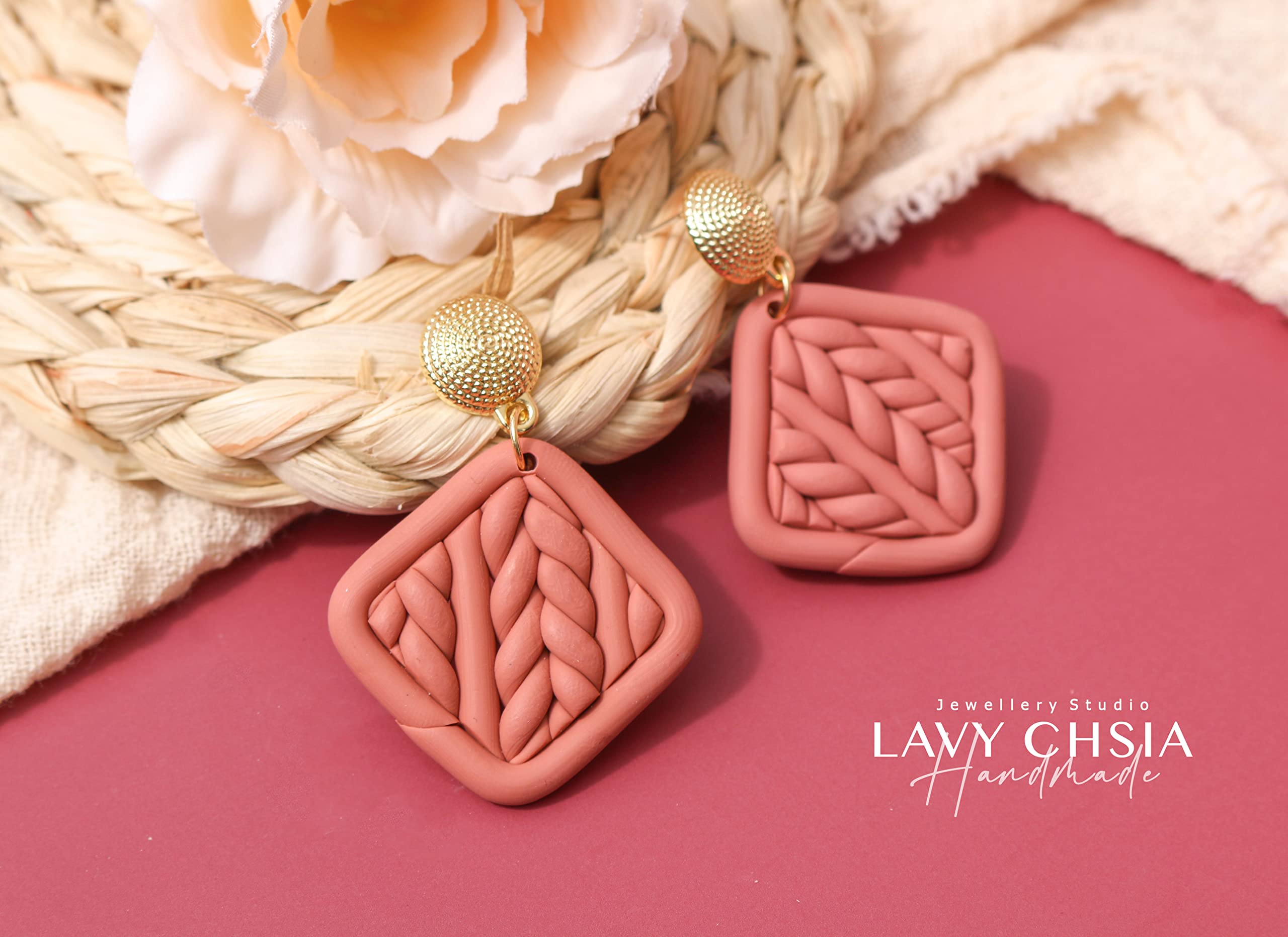 Polymer Clay Rattan Earring,Lavy Chsia Handmade Lightweight Statement Boho Drop Dangle Earrings,Jewelry Gifts for Women Girls (B)