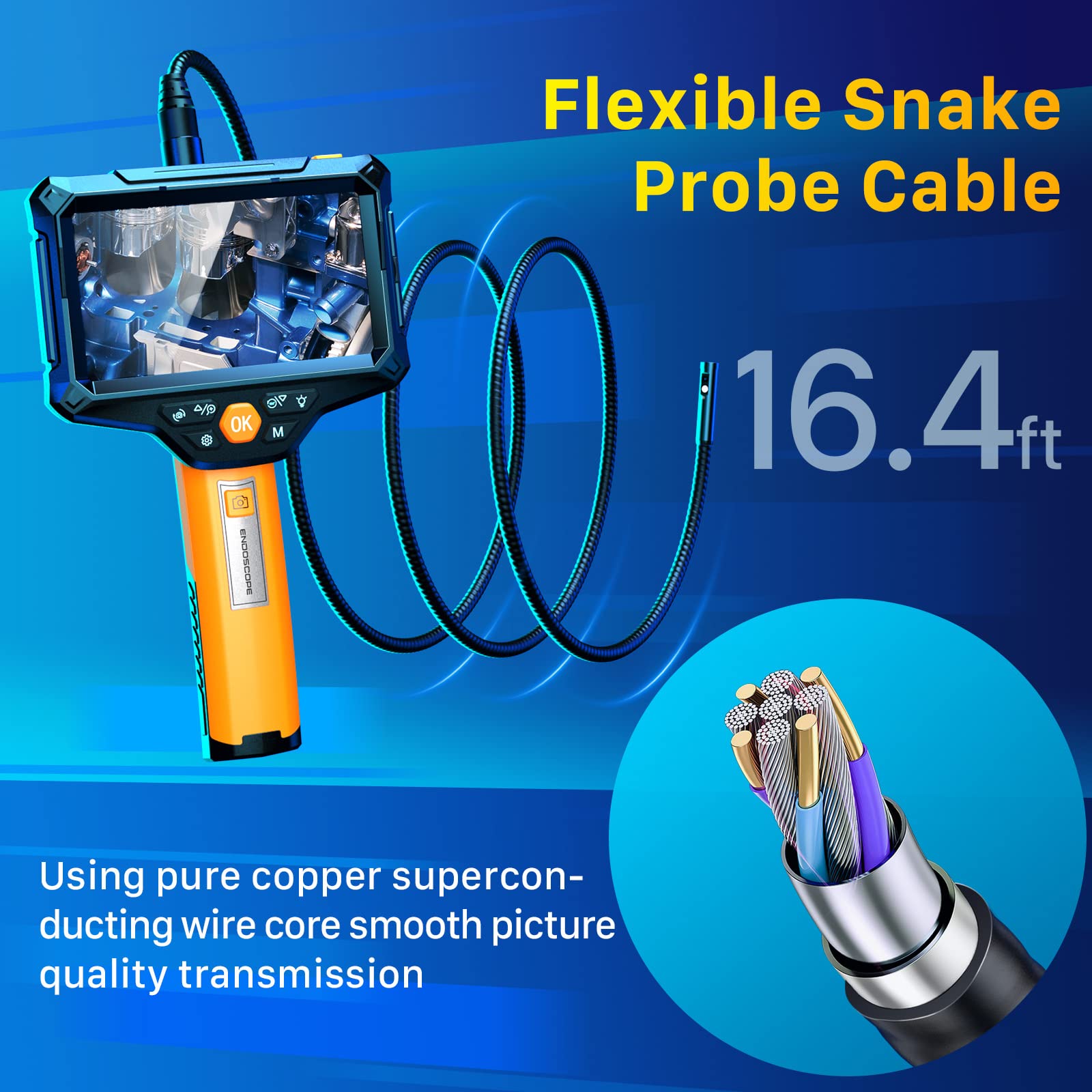 Triple Lens Borescope, FOXOLA Endoscope Camera with Light, 5" Digital Video Industrial Inspection Camera,16.4FT Waterproof Semi-Rigid Snake Camera,Tool for Home/Pipe/Automotive,With 32GB Card and Case