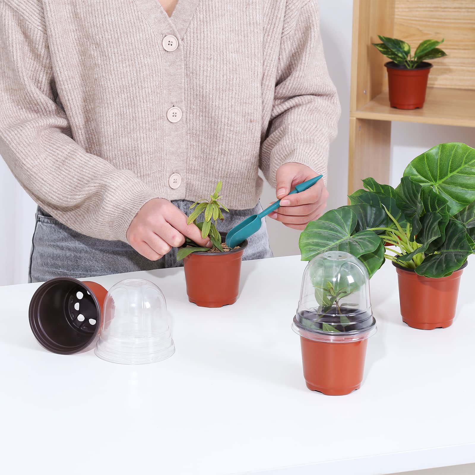JERIA 60 Sets 4" Plastic Plant Nursery Pots with Humidity Domes,(60 Pots + 60 Clear Lids),Seedling,Flower Plant Container and Seed Starting Pots with 100pcs Plant Labels
