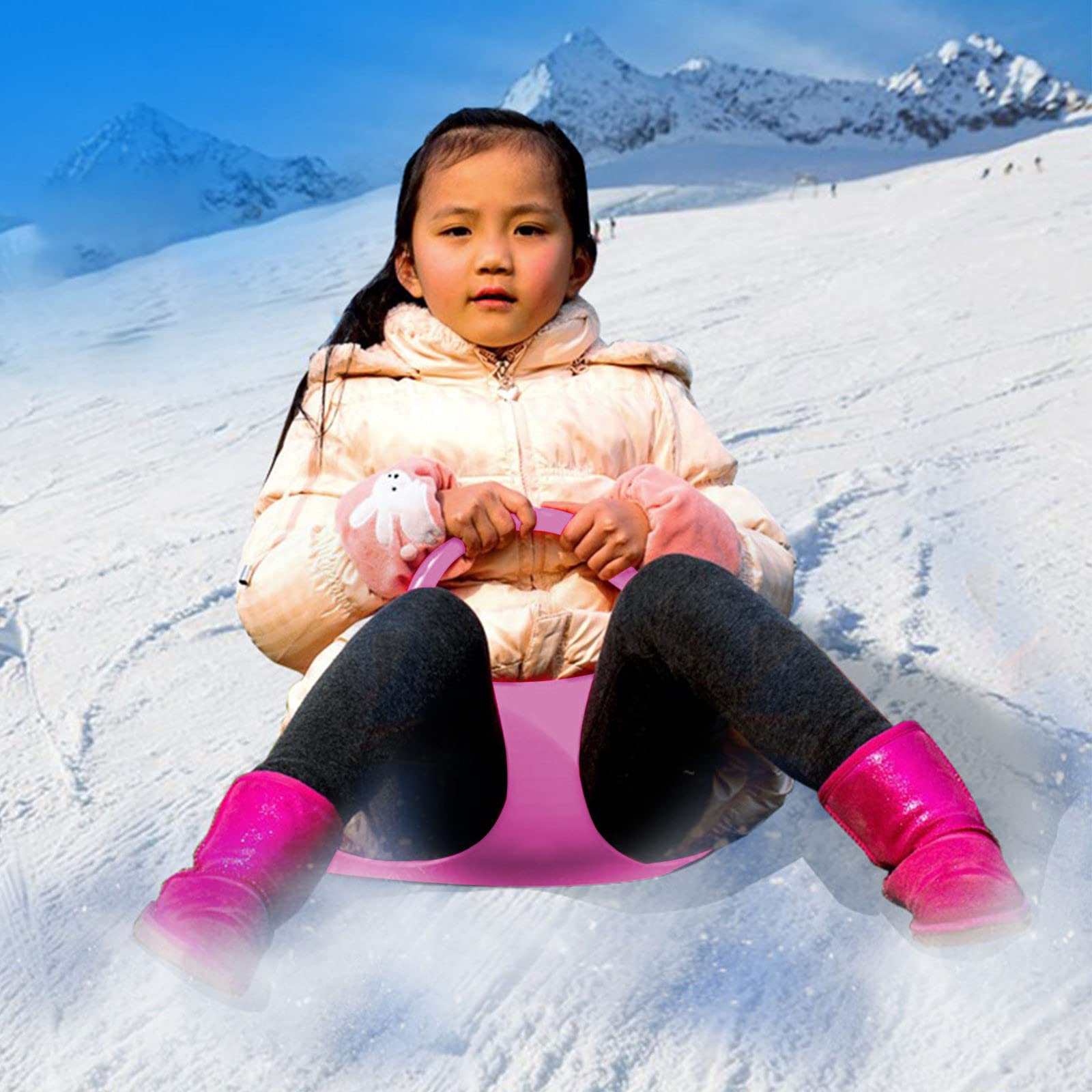 Portable Snow Sleds for Kids & Adult, Winter Plastic Skiing Board, Utility Durable Snow Board with Big Handle, Snow Saucers for Sledding Grass Sand Boarding (#2 P-18.89 * 14.56in)