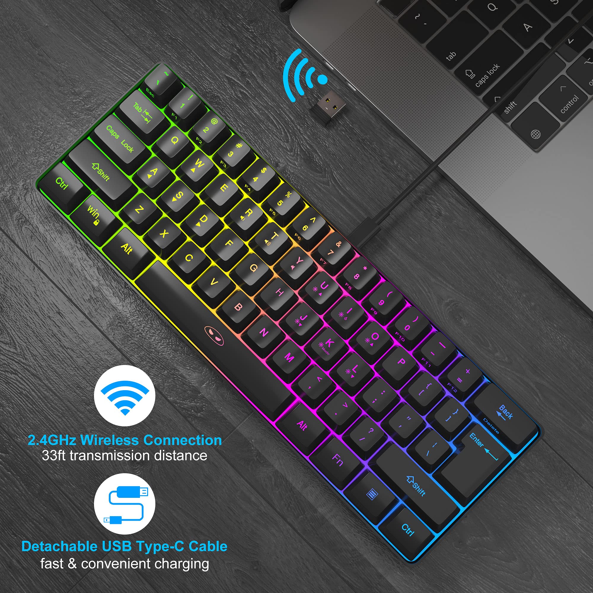 MageGee TS92 Wireless 60% Gaming Keyboard, Compact 61 Keys Rechargeable RGB Backlit Office Keyboard, 2.4G Wireless Connection, Waterproof Portable Computer Keyboard for Mac Windows Laptop (Black)
