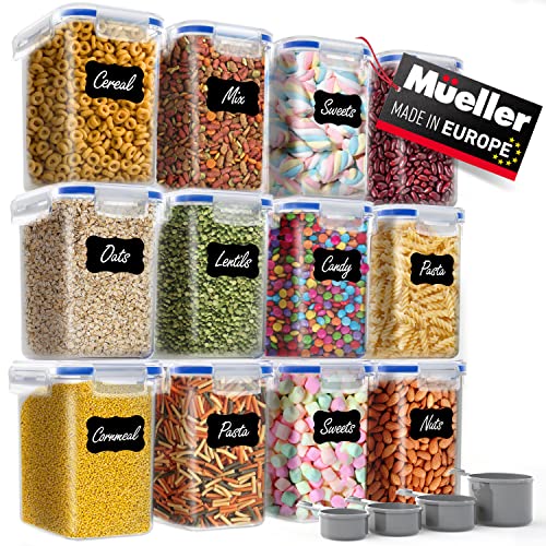 Mueller Airtight Food Storage Container Set with Lids β 14-Piece, Kitchen & Pantry Organization and Storage, Dishwasher, Freezer and Microwave Safe β 14 Labels, 4 Measuring Cups and Marker, Blue