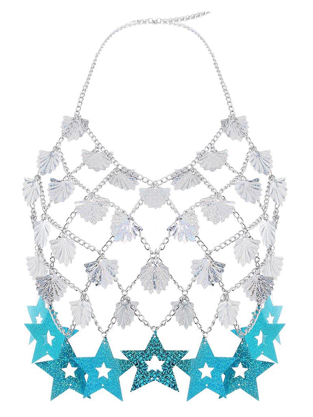 Sexy Body Chain Bikini Silver Tassel Star Sequins Bra Halter Backless Crop Top Shell Beach Party Chest Chains Jewelry for Women