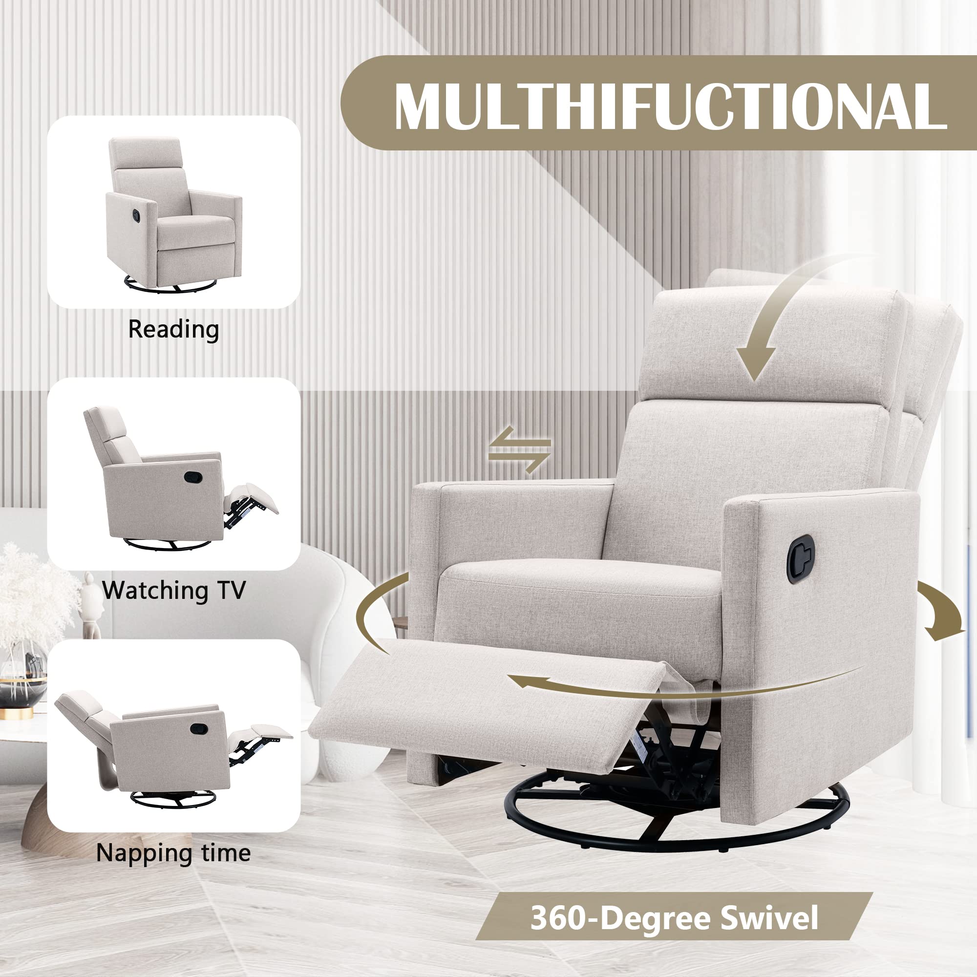 Merax Tan Modern Soft Linen Swivel Push Back Rocker Recliner w/Headsupport Adjustable Nursery Glider Chair for Living Room, Bedroom, Set of 1