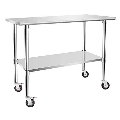 KODOM Food Prep Stainless Steel Table 36" x 18", Heavy Duty Workbench with Adjustable Under Shelf, Commercial Worktable with 4 Casters for Commerical Kitchen, Restaurant, Home and Hotel