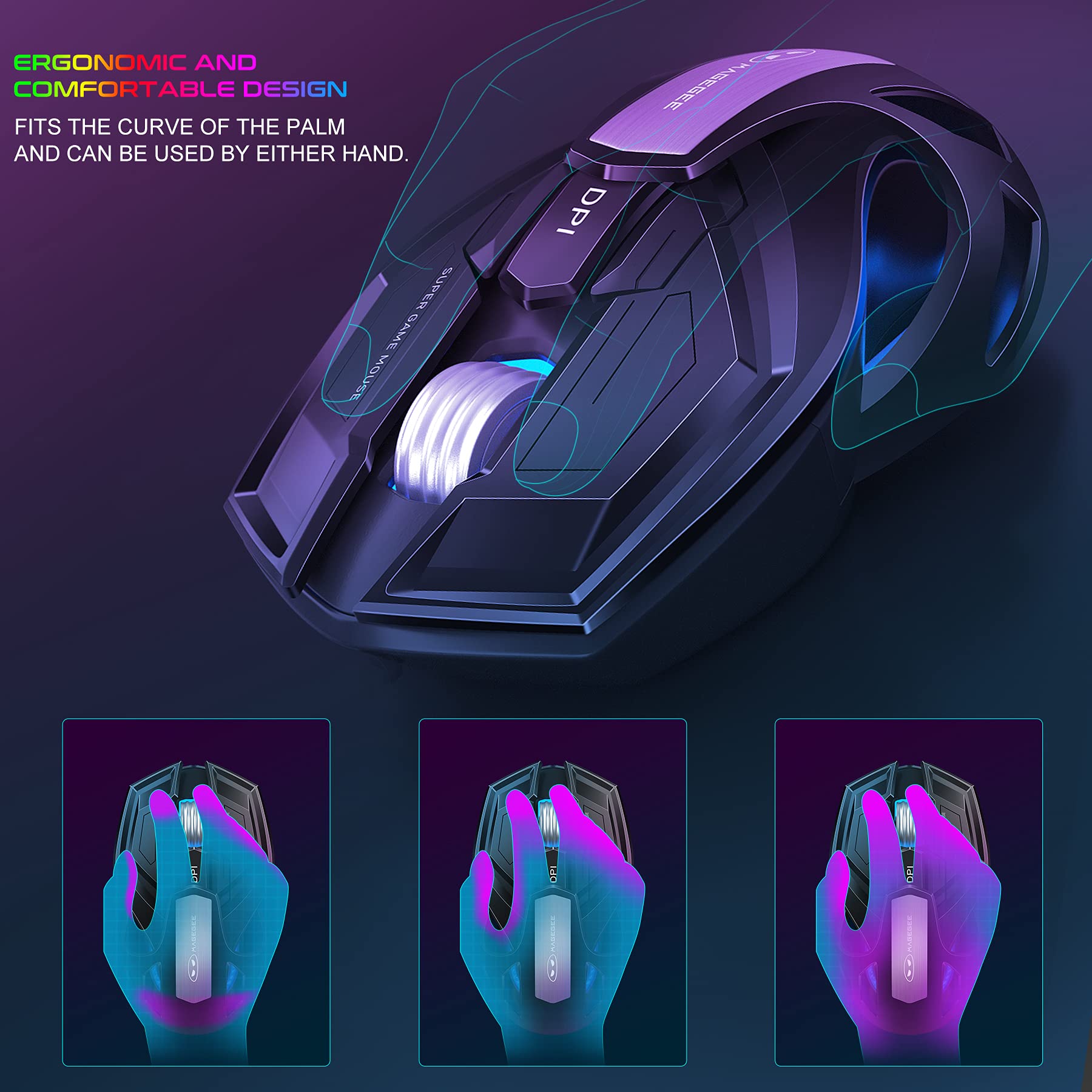 MageGee Wireless Gaming Mouse, Rechargeable 2.4G Wireless Optical Gaming Mice with LED Backlit, 6 Buttons, 3 Adjustable DPI up to 1600, V13 Ergonomic Silent Gamer Mouse for PC Laptop (Black)