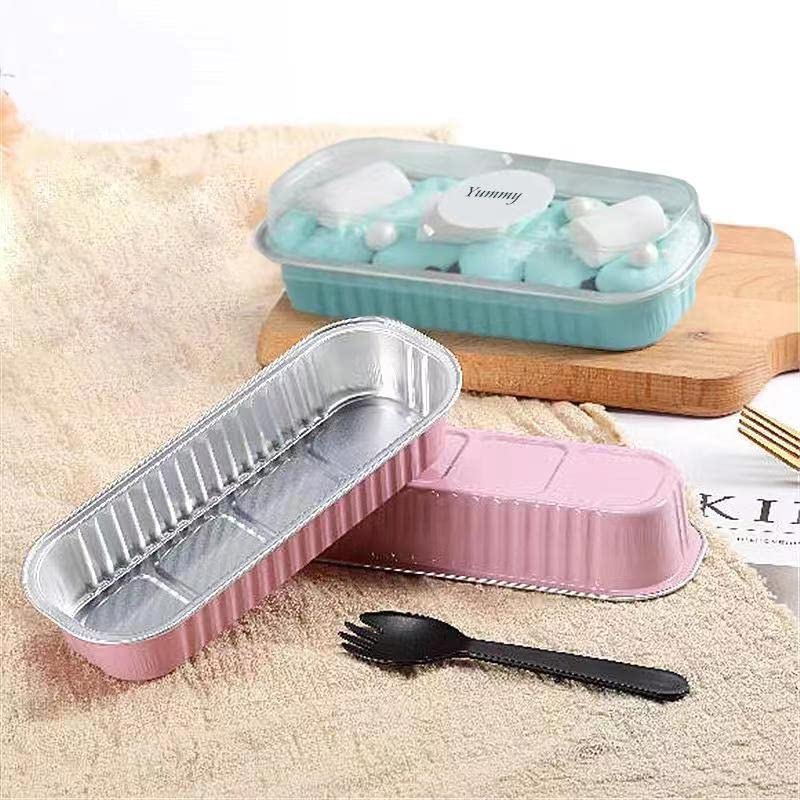 Mini Cake Tray Loaf Pans with Clear Lid 100 Packs, 6.8 oz Rectangle Baking Cup Disposable Muffin Tins Aluminum Foil Liner Brownie Mini Cake Bread Containers-Sky Blue/Spoons/Sealing Stickers