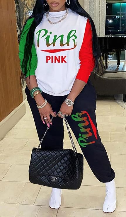 Nhicdns Women's 2 Piece Outfit Sweatsuits sets Letter Print Long Sleeve Pullover and Jogger Pants Tracksuits with Pockets Red&Green Large