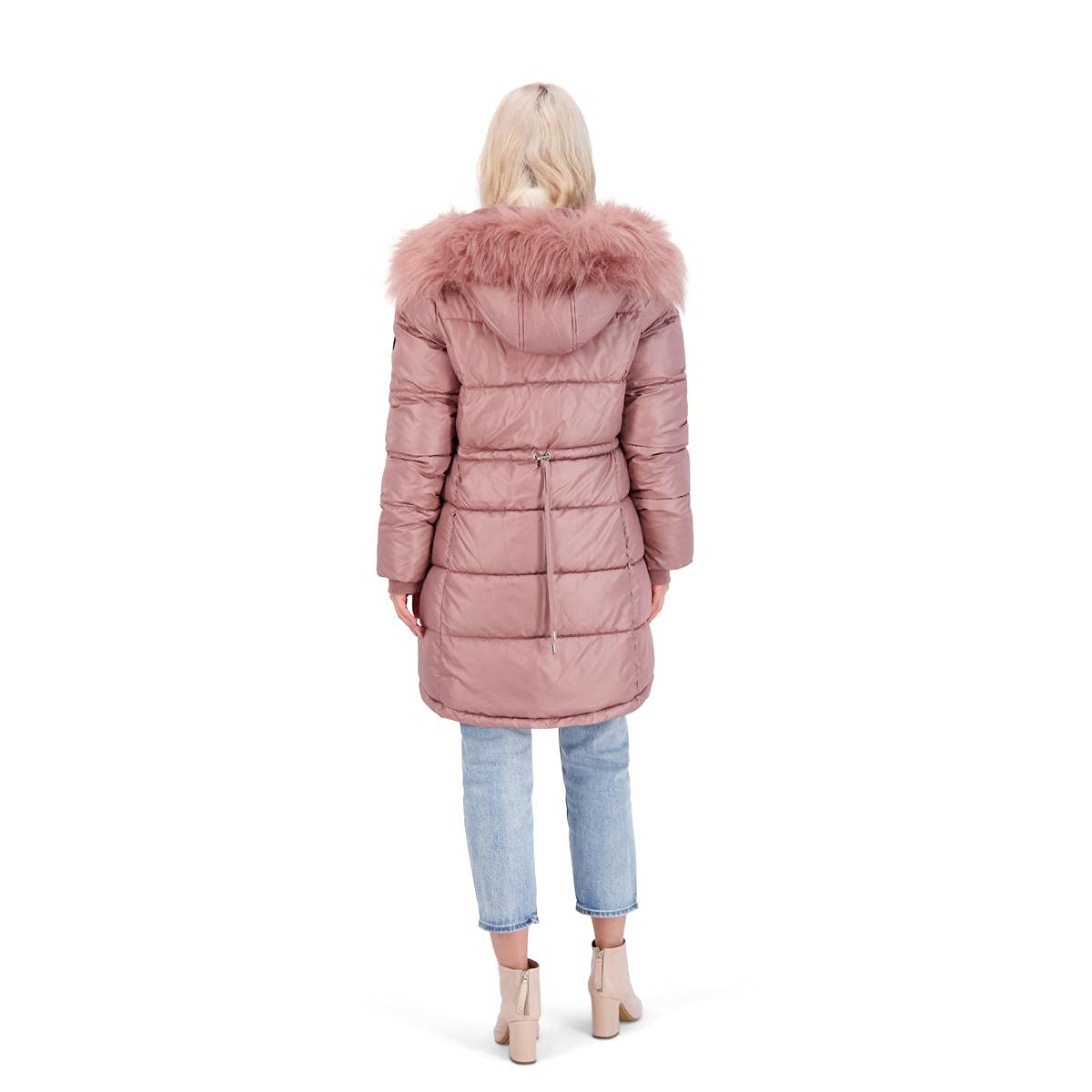 Jessica Simpson Womens Quilted Puffer Winter Coat w/Faux Fur Hood Pink Size L
