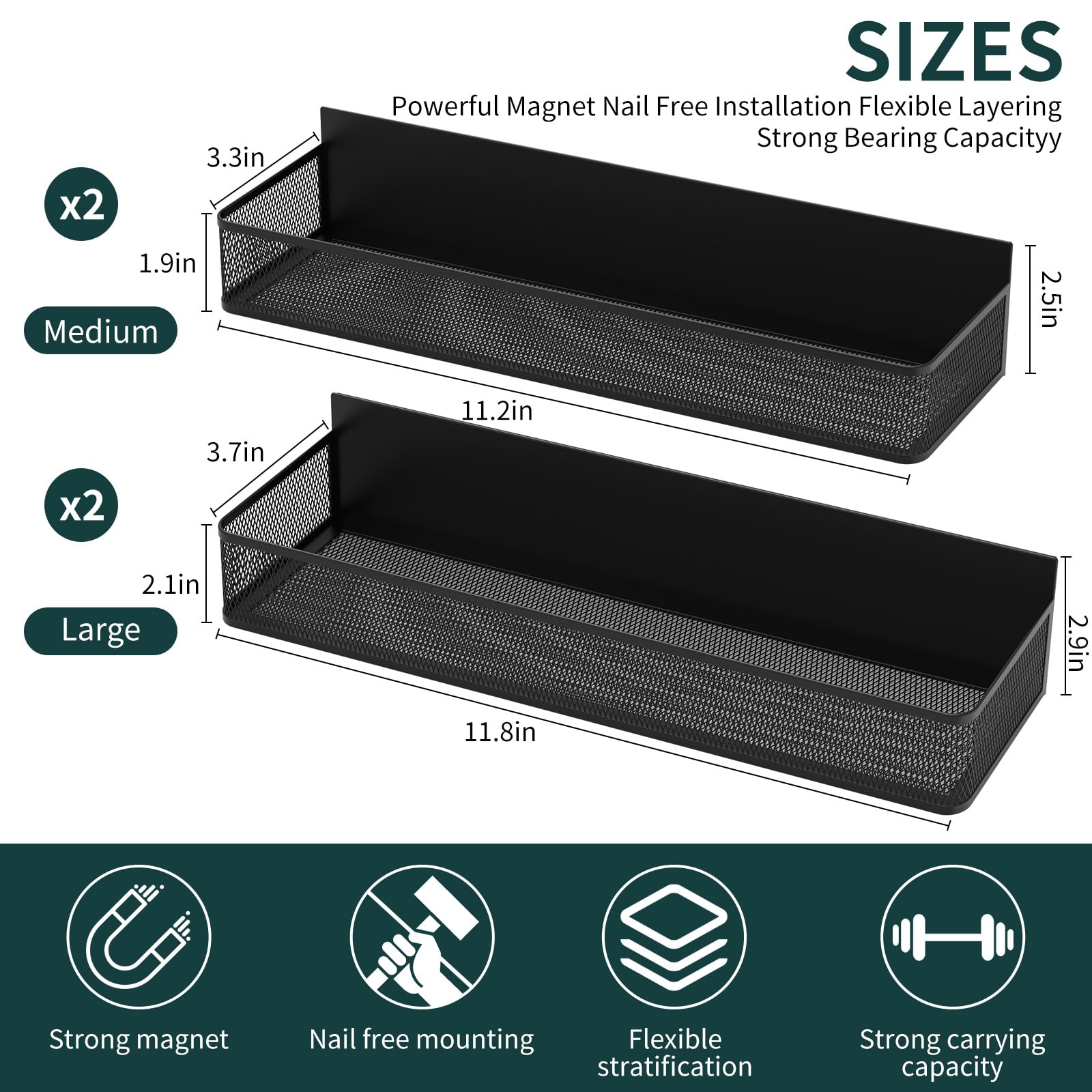 SEYHAKI Magnetic Spice Rack for Refrigerator 4 Packs Super Strong Magnetic Refrigerator Shelf Metal Magnetic Fridge Organizer Rack with Hooks Spice Organizer for Kitchen Storage