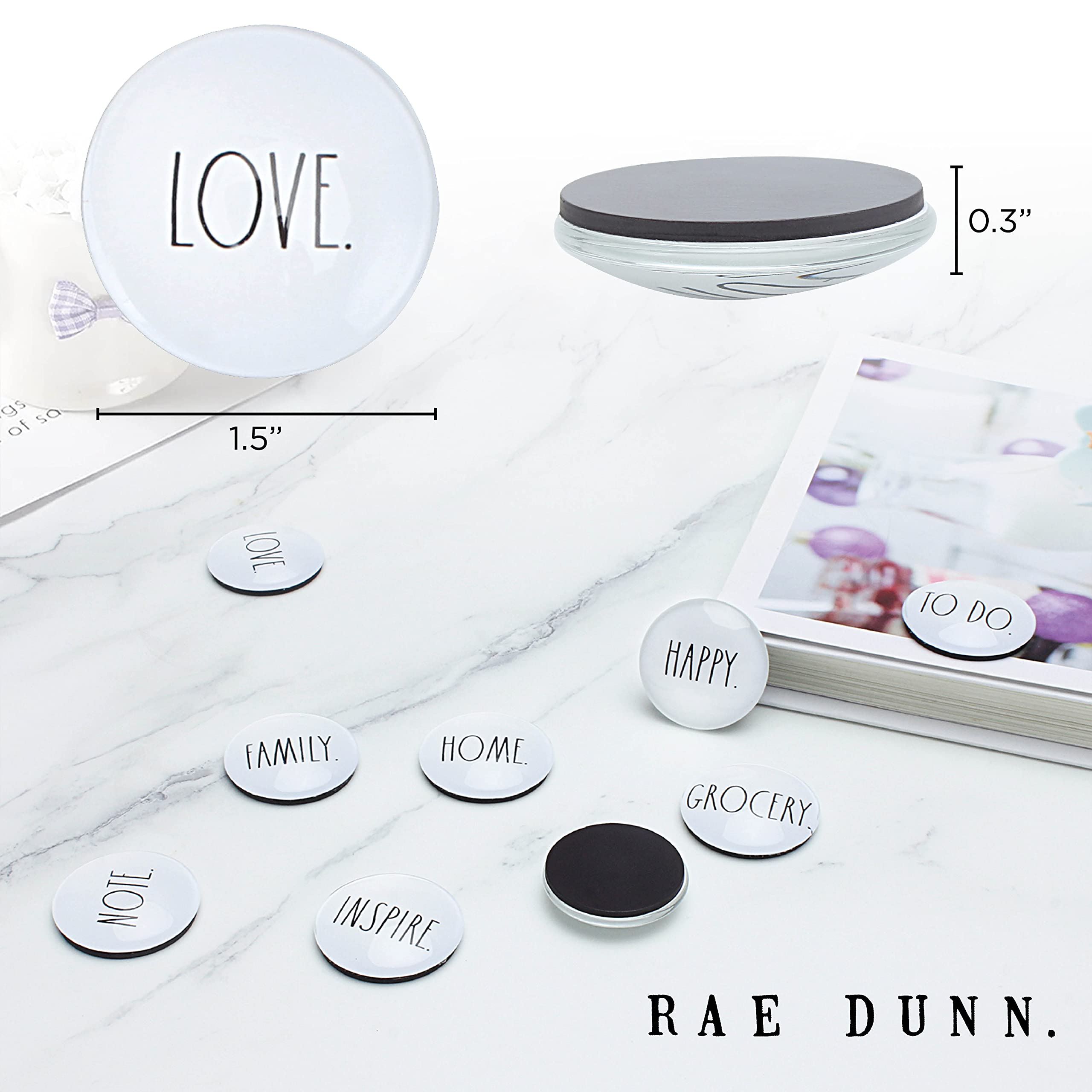 Rae Dunn Decorative Fridge Magnets β 9 Piece Cute Glass Magnets for Refrigerator β Magnets for Office Kitchen Magnets for Locker - Inspirational Magnets for Home and Family (White)