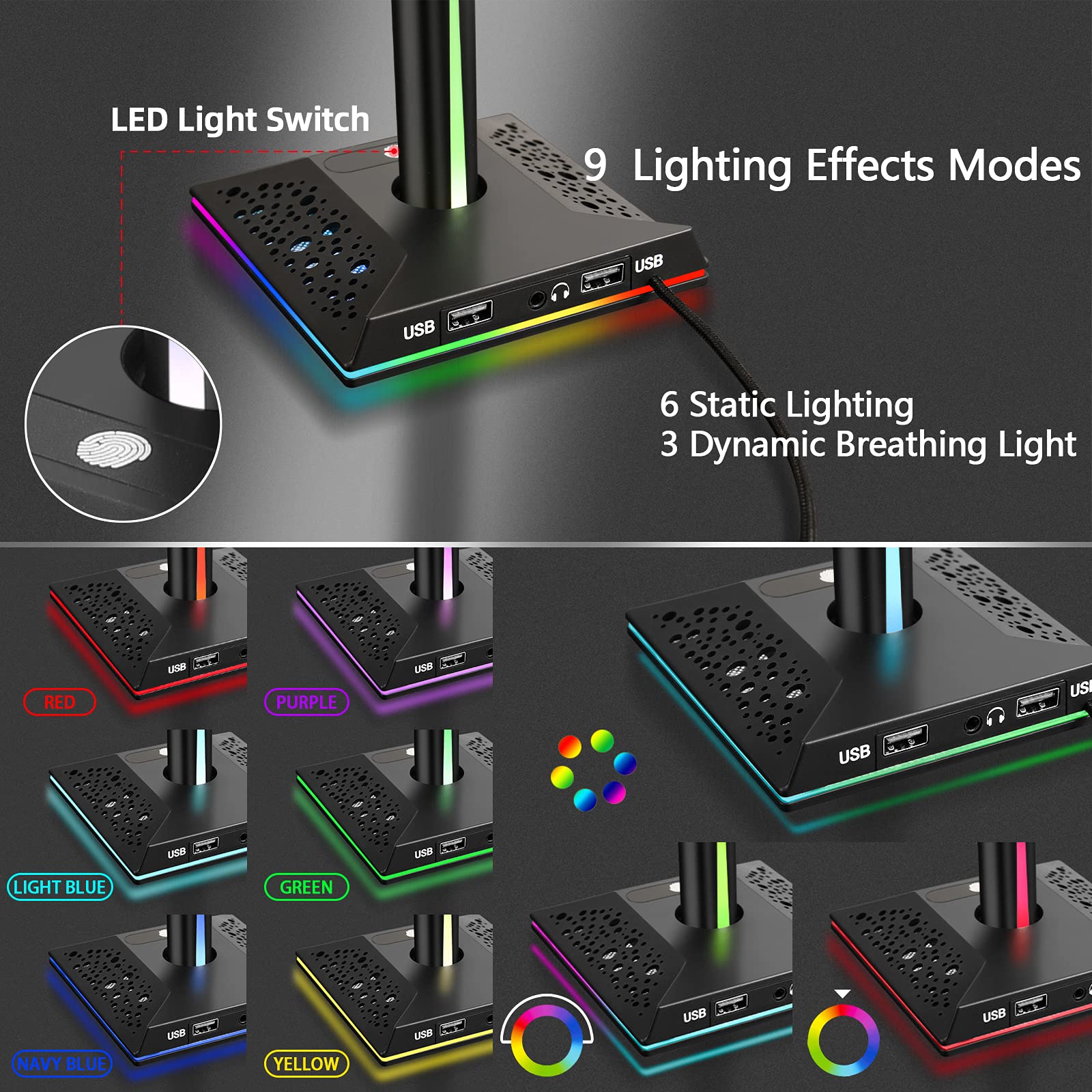 Mignor 2 in 1 RGB Gaming Headphone Stand with 2 USB Charging 3.5MM 9 Modes Touch Control, Dual Headset Holder for DJ Desktop Gamers Earphone Accessories