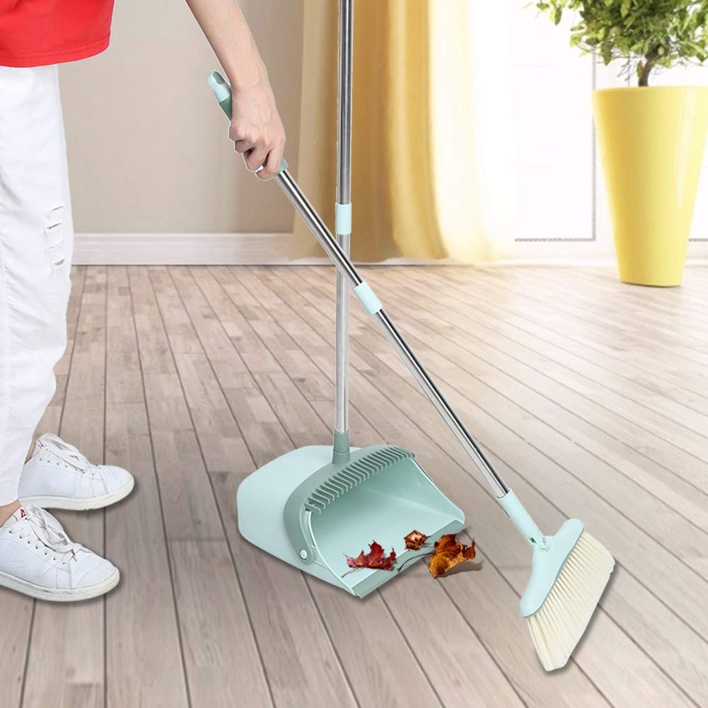 Tyenaza Dustpan Broom Set, Premium Long Handled Broom Dustpan Combo Upright Standing Broom and Dust Pan Brush with Handle for Indoor Outdoor Garage Kitchen Room Office Lobby Use