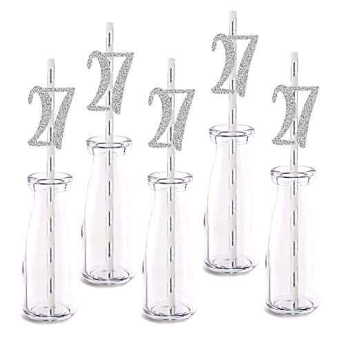 Silver Happy 27th Birthday Straw Decor, Silver Glitter 24pcs Cut-Out Number 27 Party Drinking Decorative Straws, Supplies