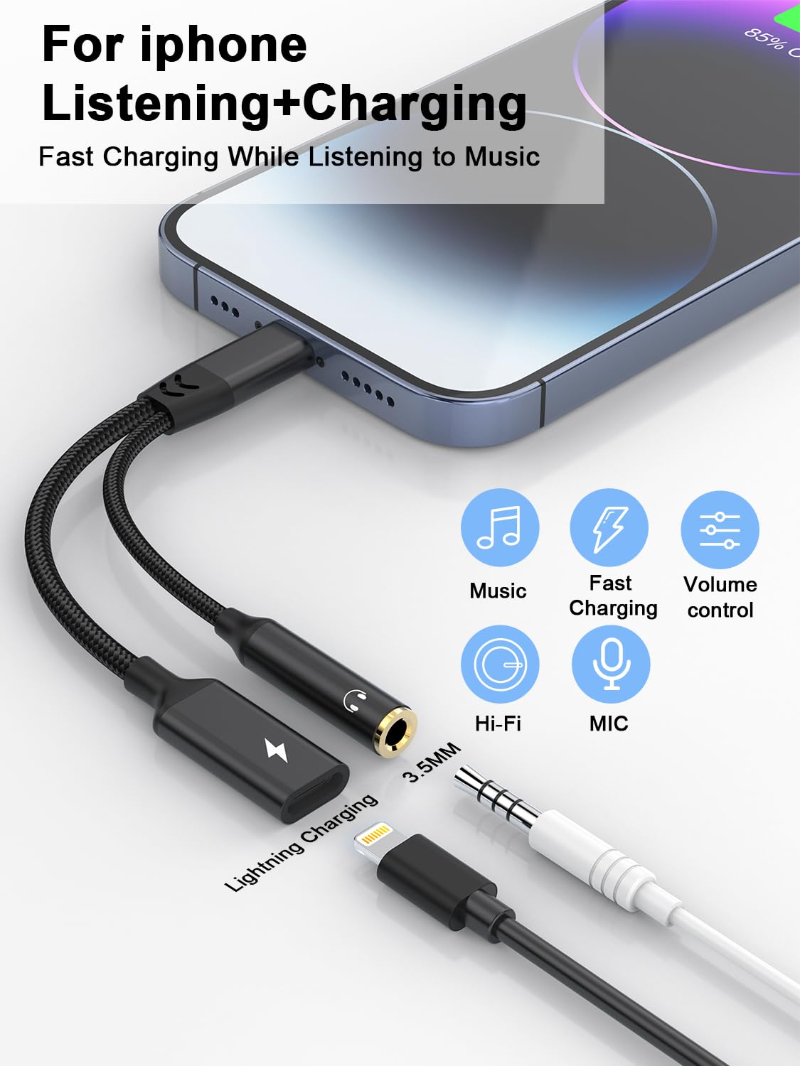 iPhone Headphone and Charger Adapter 2-in-1 Lightning to 3.5mm AUX Audio + Lightning Charger Splitter Dongle for iPhone 14/13/12/11 Pro Max/Pro/Plus/Mini/XR/XS/8/7 Plus Apple MFi Certified Black