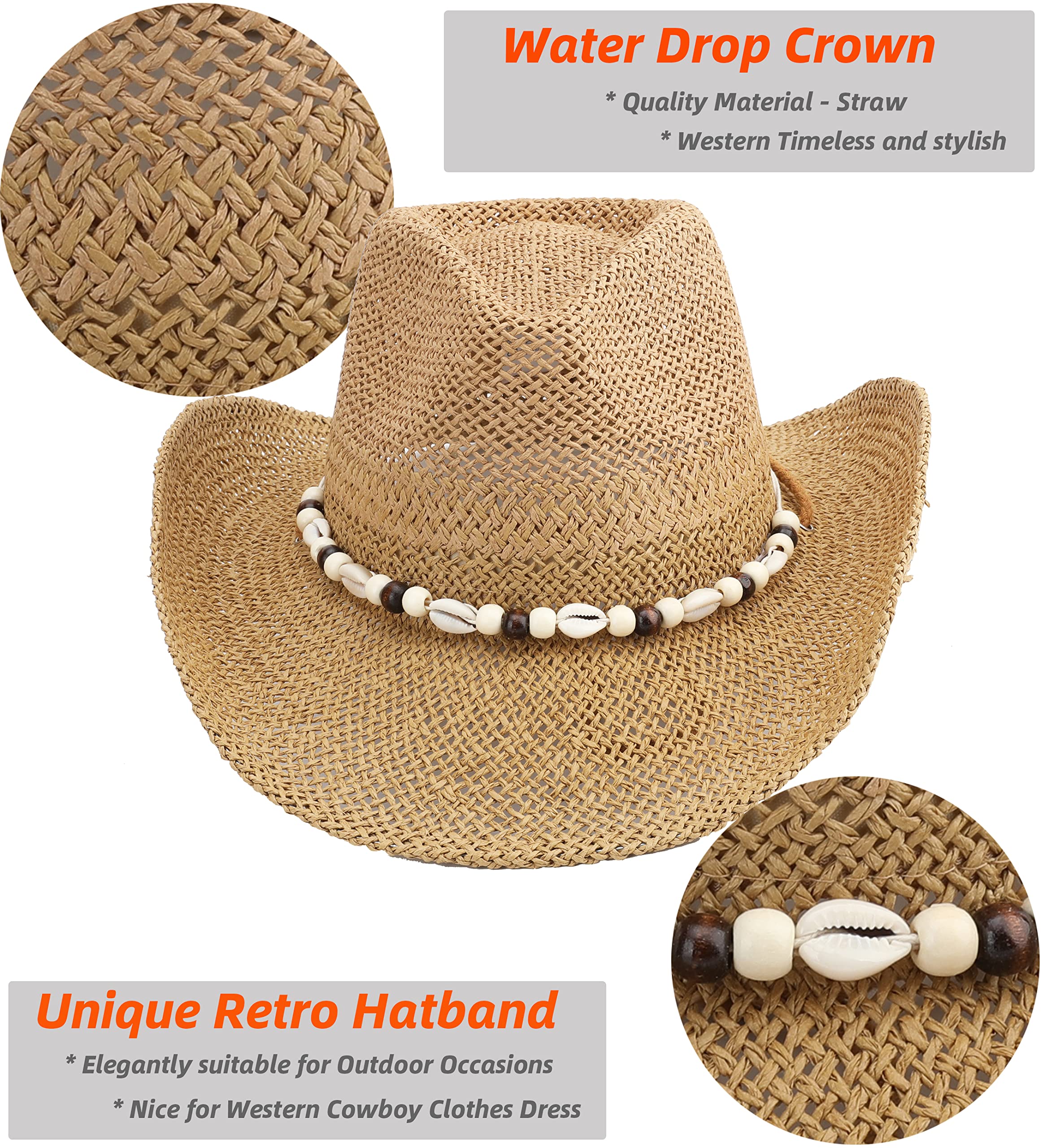 Melesh Adult Sun Straw Western Cowboy Hat Colored (Rice)