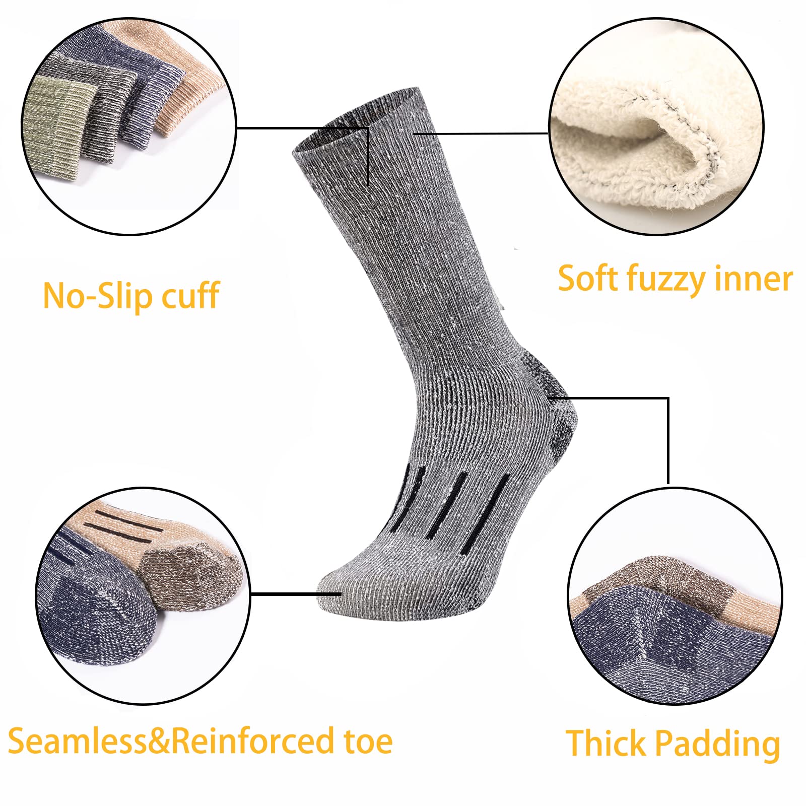 NuanSumm Men's Merino Wool Socks Thermal Heat Trapping Insulated Heated Boot Socks for Hiking Crew Moisture Wicking