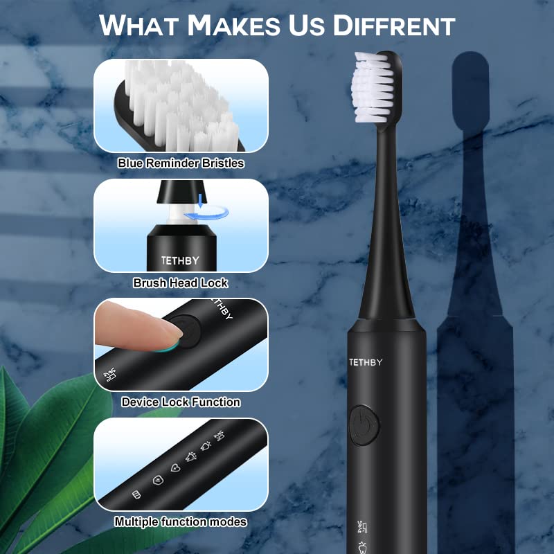 TETHBY Electric Toothbrush with 4 Toothbrush Heads,Sonic Rechargeable Toothbrushes 5 Optional Modes,IPX7 Whitening Electric Tooth Brushes 4 Hours Charge for 30 Days,Tooth Brushes 2-Minute Timer, Black