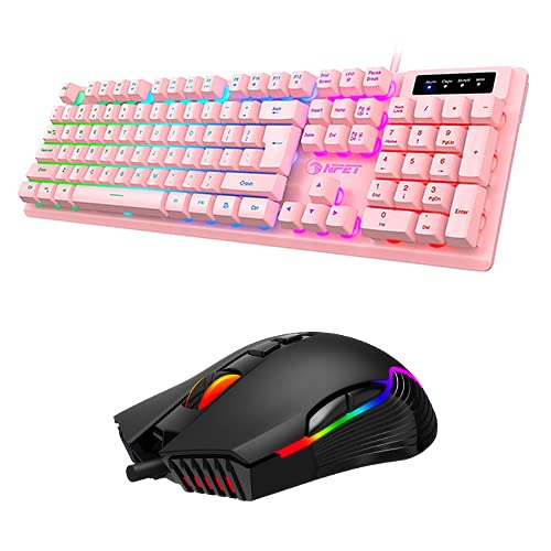 NPET K10 Gaming Keyboard USB Wired Floating Keyboard and Gaming Mouse Bundle, LED Backlit Keyboard for Desktop, Computer, PC, Pink